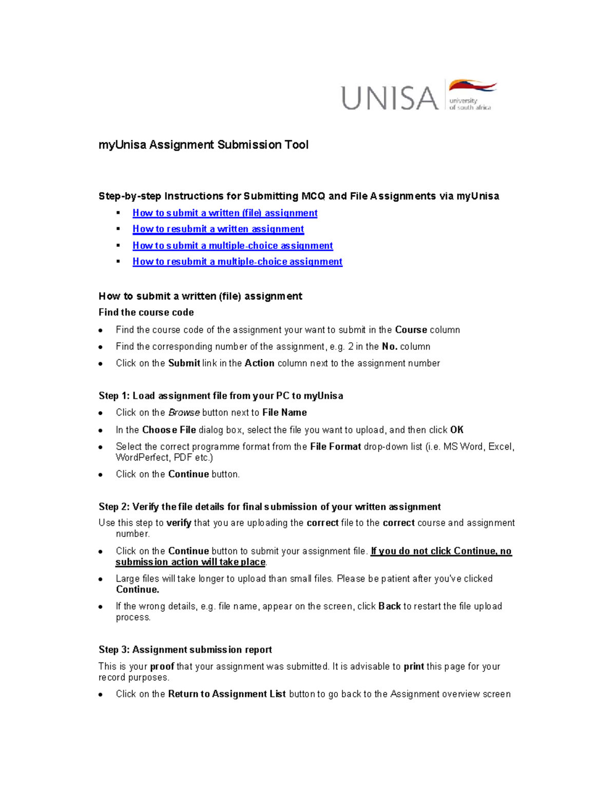 How to submit an mcq or file assignment 2019-1 - myUnisa Assignment Submission Tool Step-by-step ...