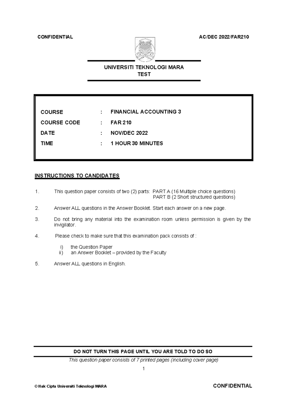 CT FAR210 NOV 2022 - COURSE COURSE CODE DATE TIME : FINANCIAL ...
