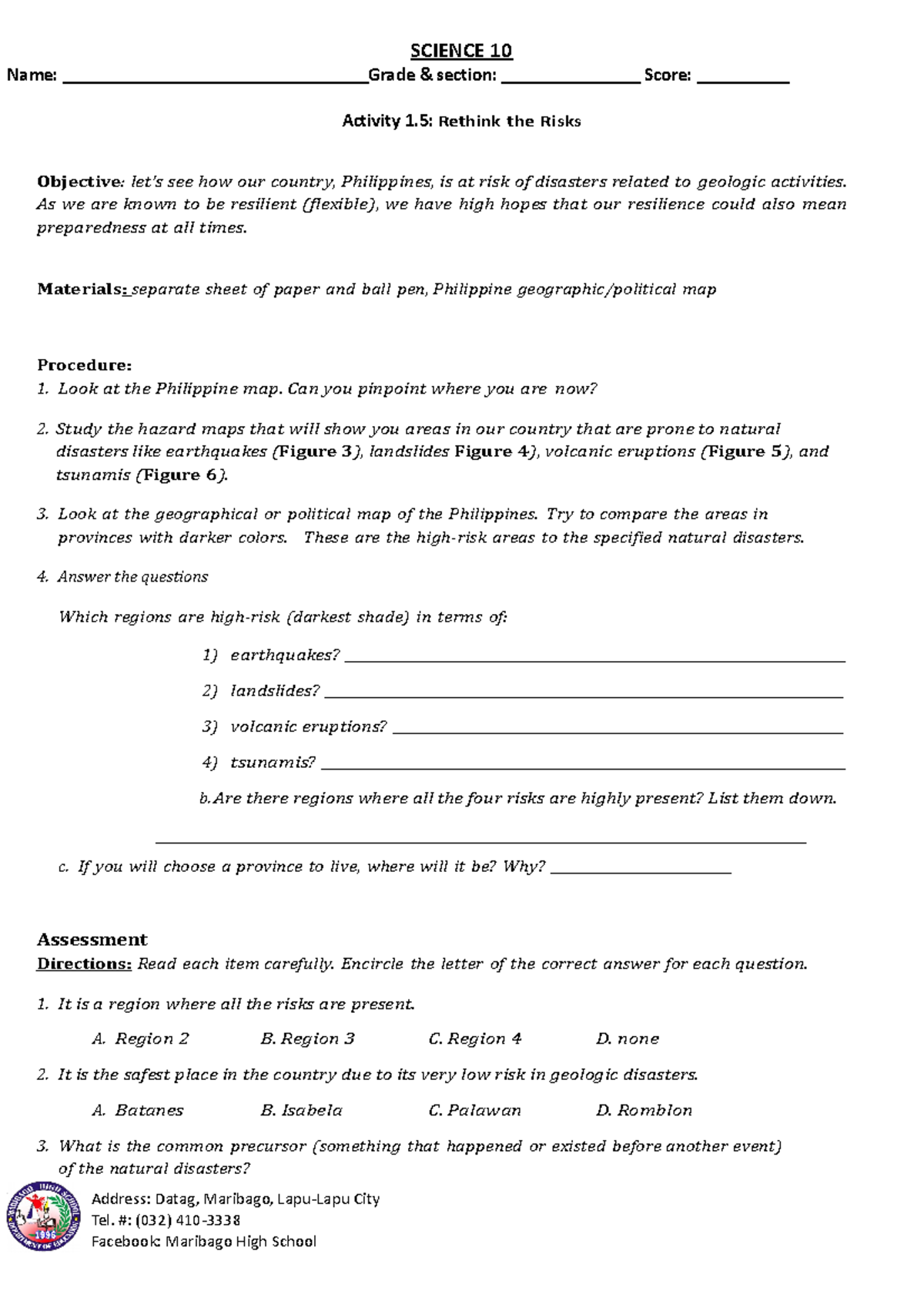 Science 10 activity 1 - SCIENCE 10 Name ...