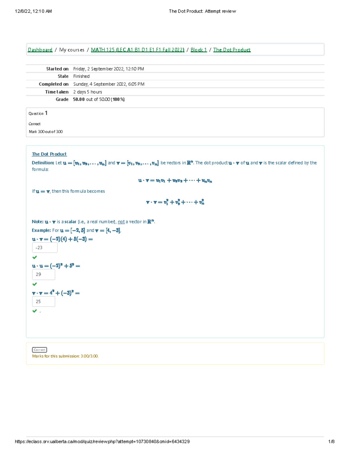 The Dot Product Attempt review - Dashboard / My courses / MATH 125 (LEC ...