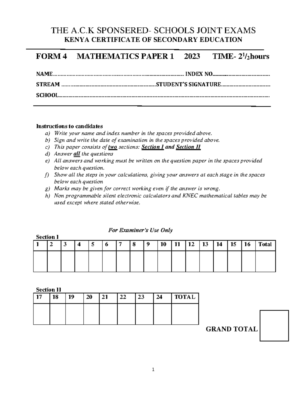 F.4 Maths mths a.c.k first time joint 2023 - THE A.C SPONSERED- SCHOOLS ...