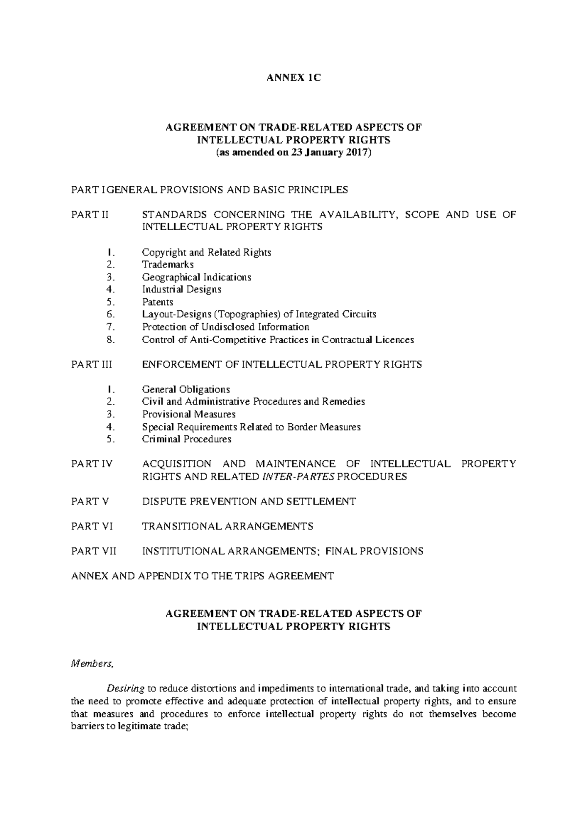 Trips - Summary Law of Intellectual Property - ANNEX 1C AGREEMENT ON ...