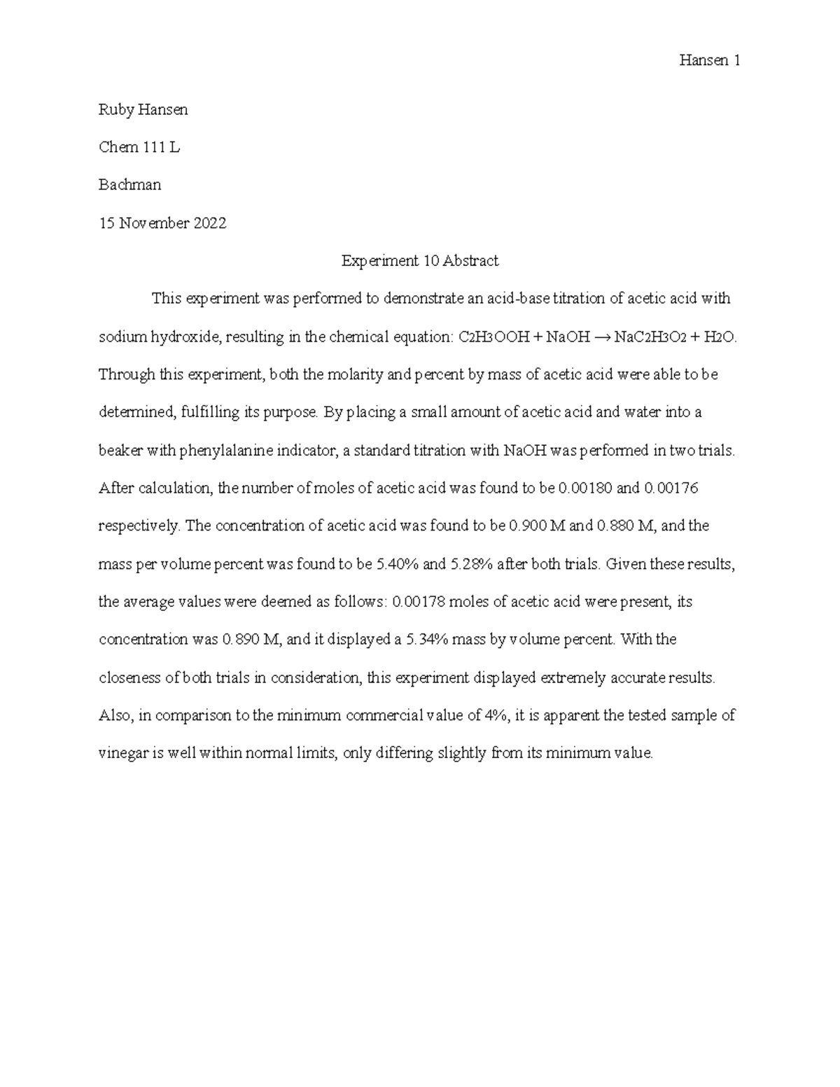 Abstract Experiment 10 - Hansen 1 Ruby Hansen Chem 111 L Bachman 15 ...