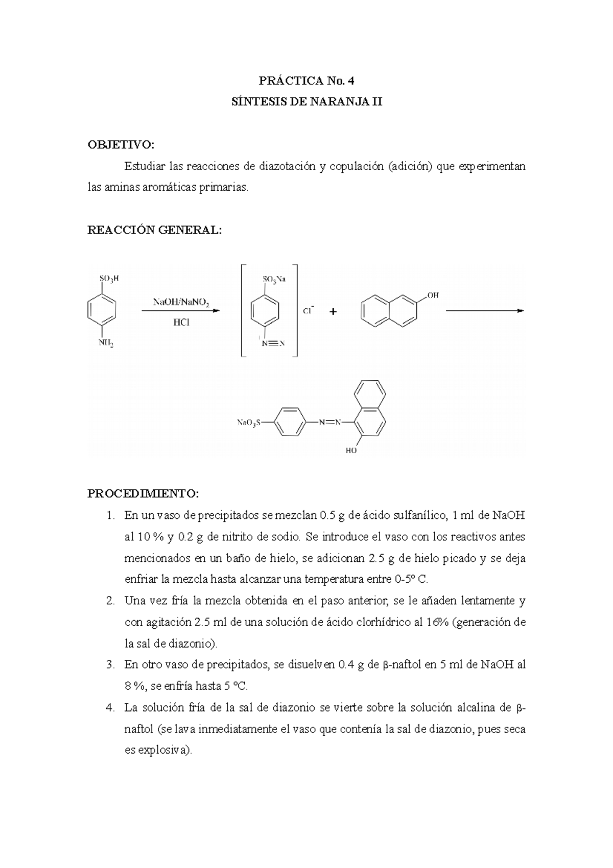 Práctica No. 4 - PRÁCTICA No. 4 SÍNTESIS DE NARANJA II OBJETIVO ...