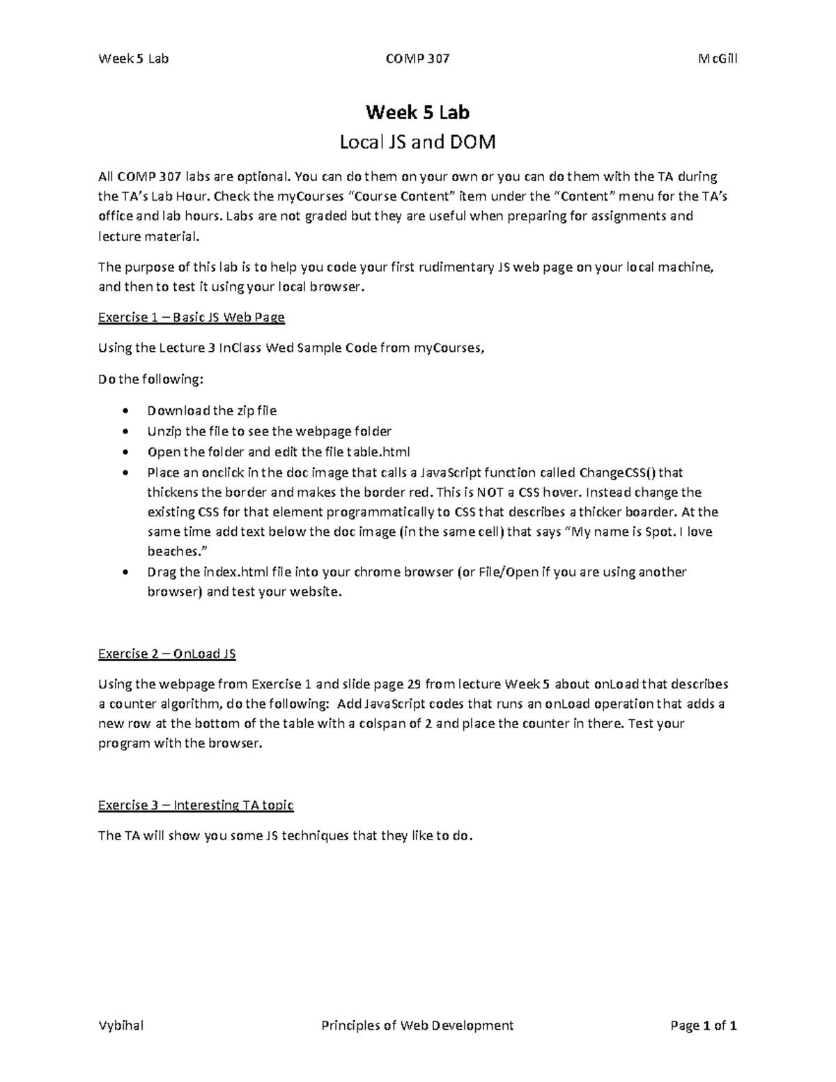 Week 5 Lab - JS and DOM - Week 5 Lab COMP 307 McGill Vybihal Principles of Web Development Page ...