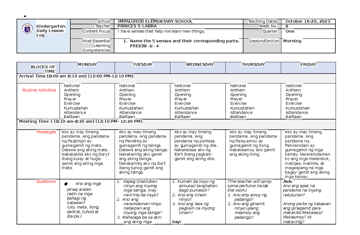Kindergarten DLL Quarter 1 WEEK 8 - Kindergarten Daily Lesson Log ...