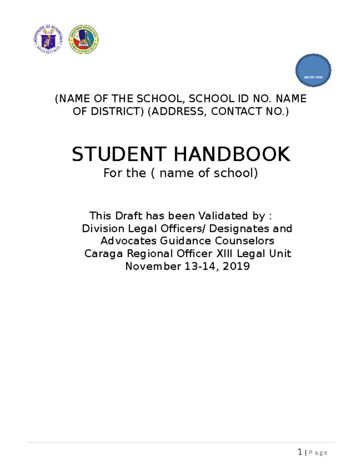 Sample Student HAND Manual - (NAME OF THE SCHOOL, SCHOOL ID NO. NAME OF ...