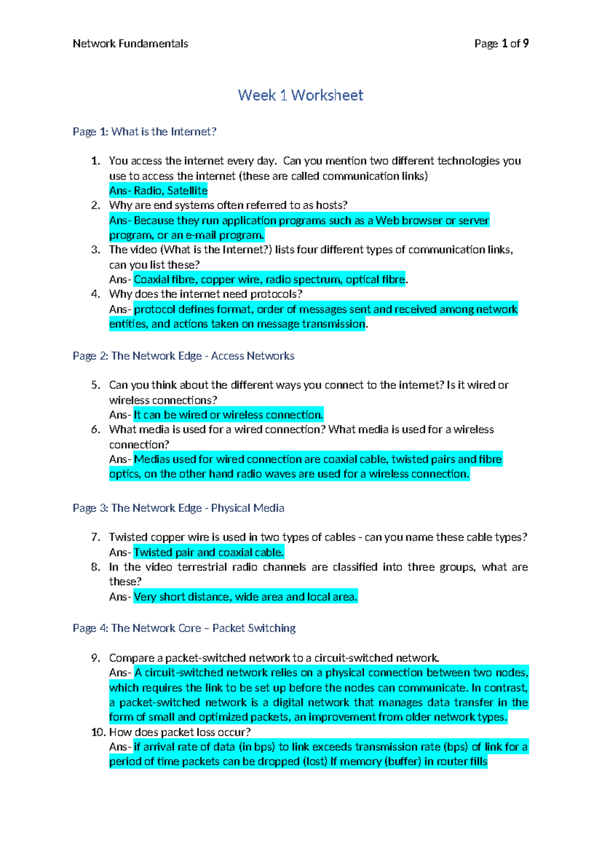 Week 1 Worksheet - Week 1 Worksheet Page 1: What is the Internet? 1 ...