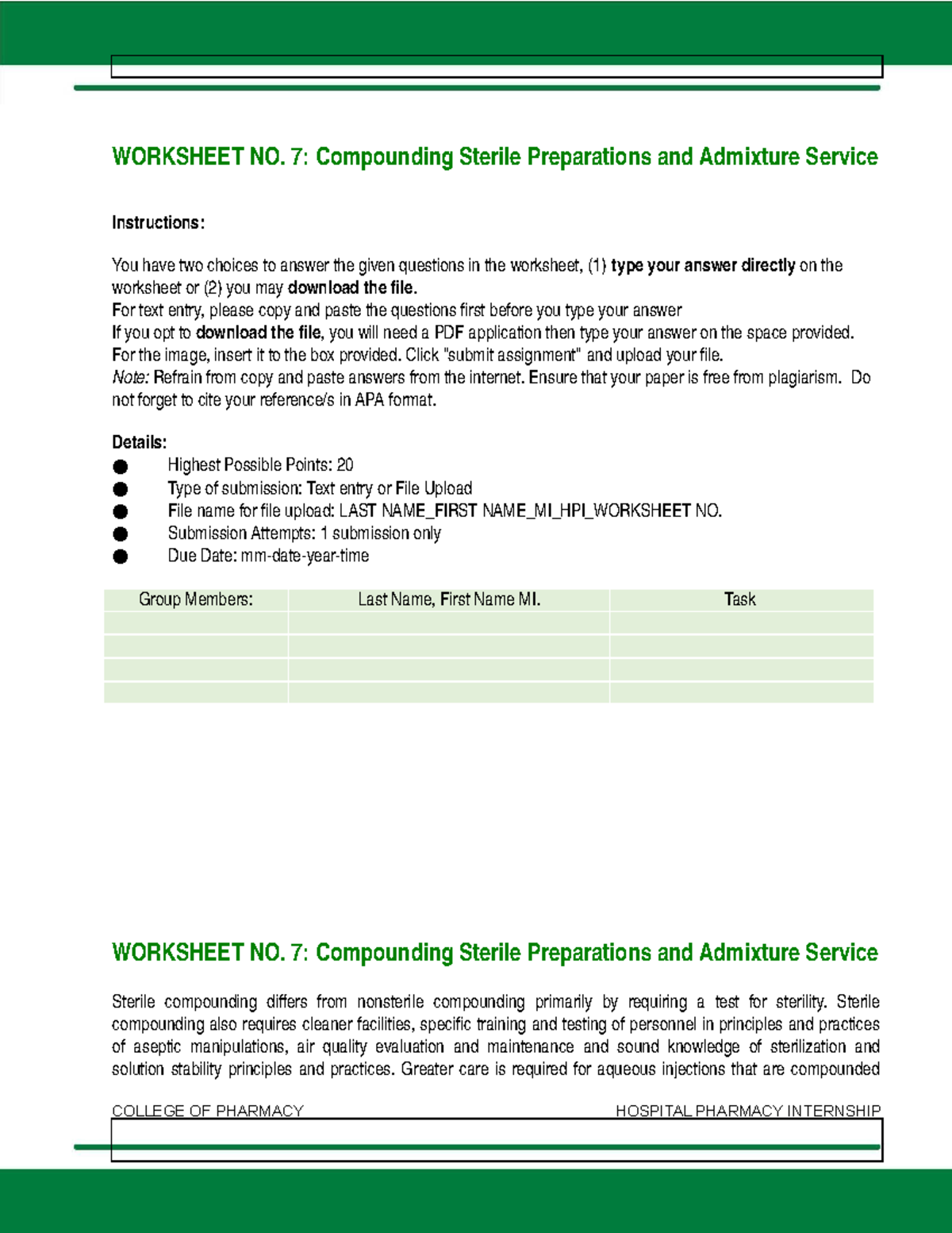 HPI Worksheet NO. 7 Compounding Sterile Preparations and Admixture ...