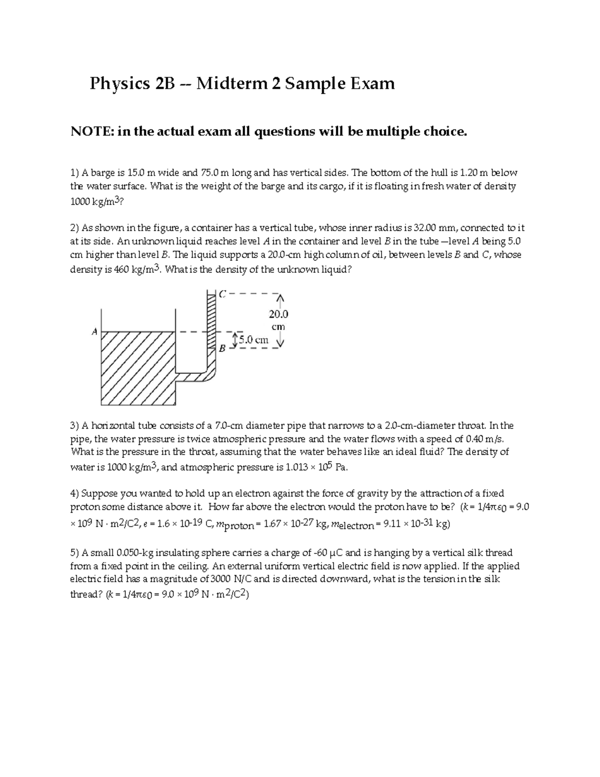 2B midterm 2 sample W22 - Physics 2B - Midterm 2 Sample Exam NOTE: in ...