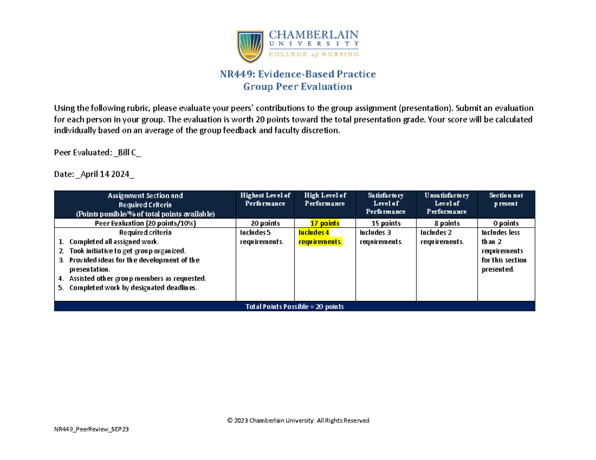 Peer review example - NR449: Evidence-Based Practice Group Peer ...
