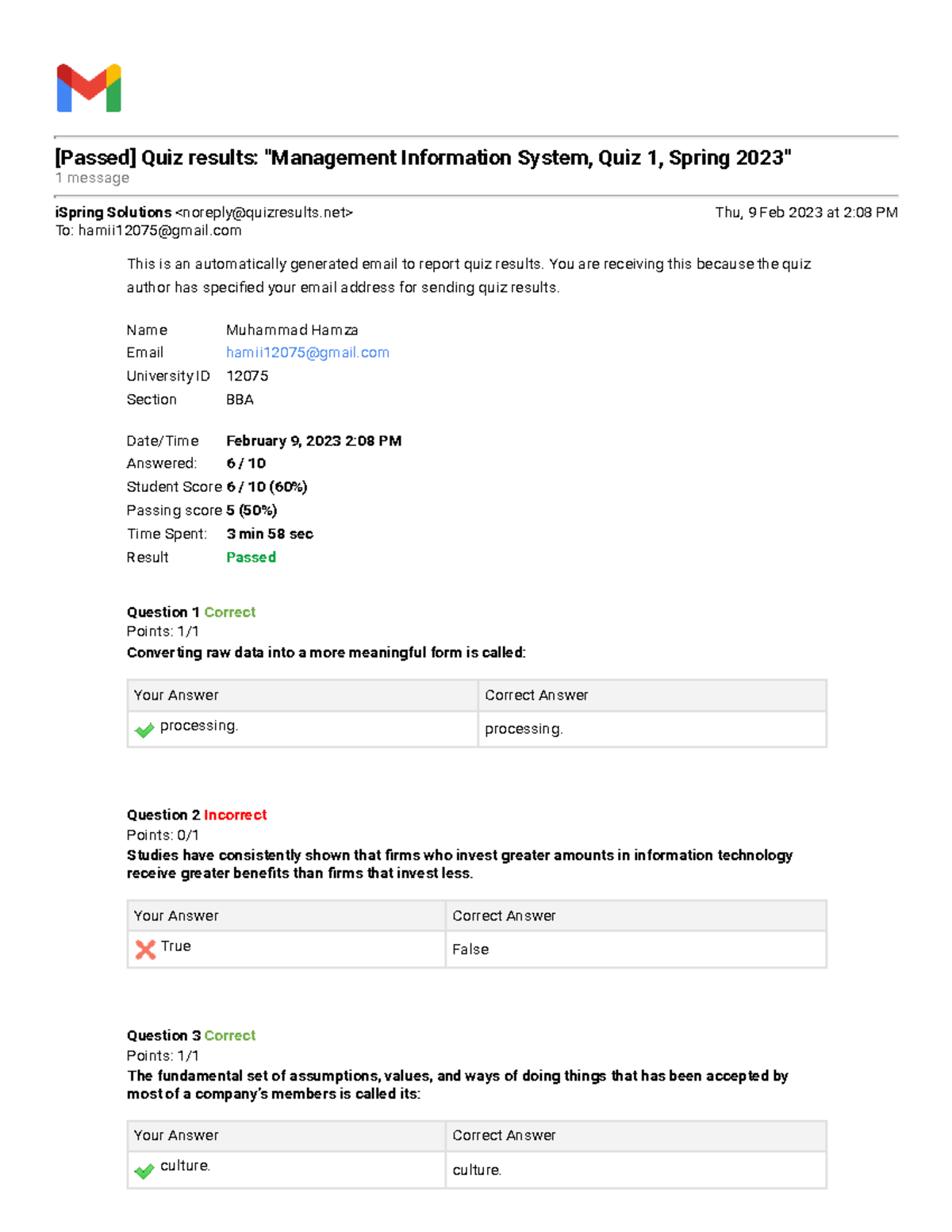 Gmail - [Passed] Quiz results Management Information System, Quiz 1, Spring 2023 - [Passed] Quiz ...