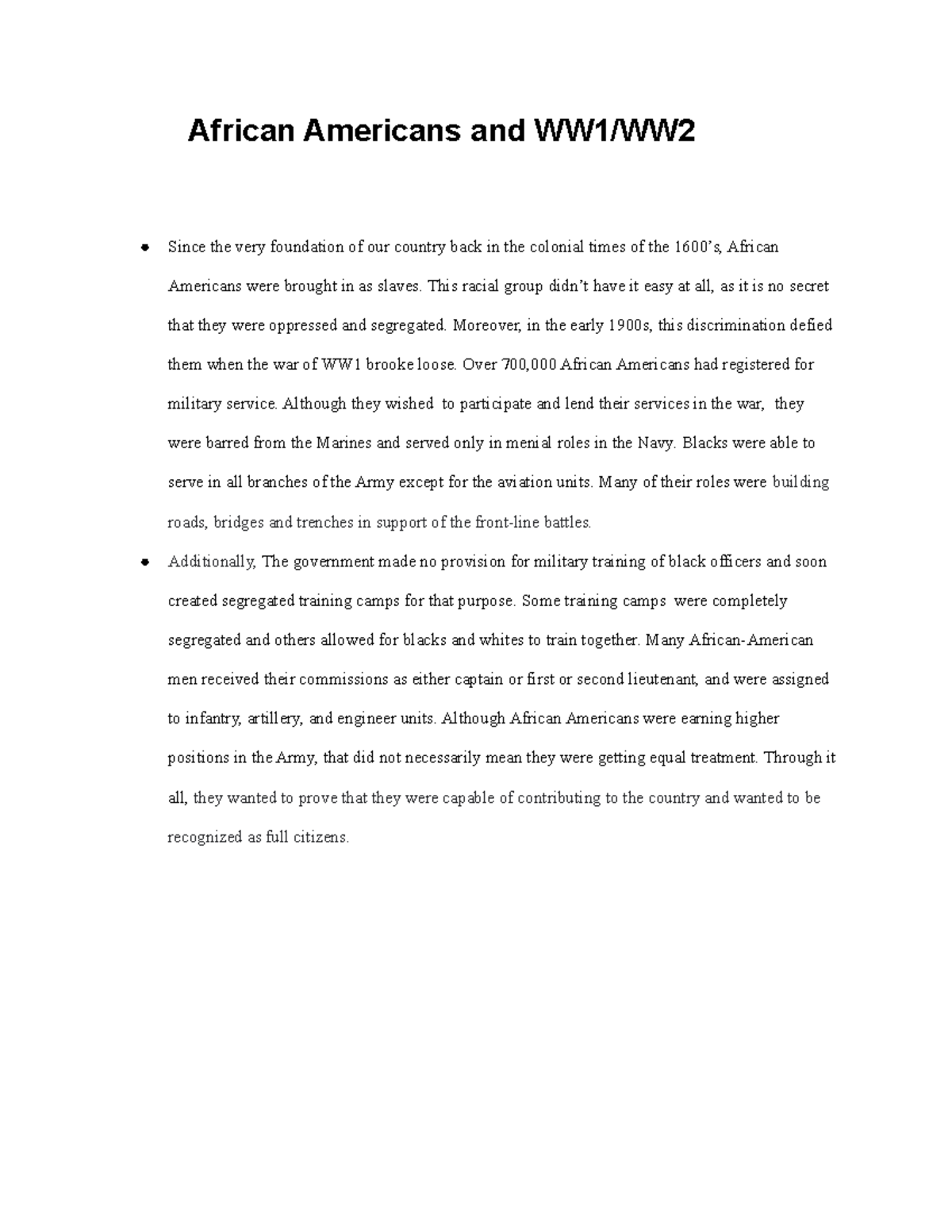 African American and WW1 WW2 - African Americans and WW1/WW Since the ...