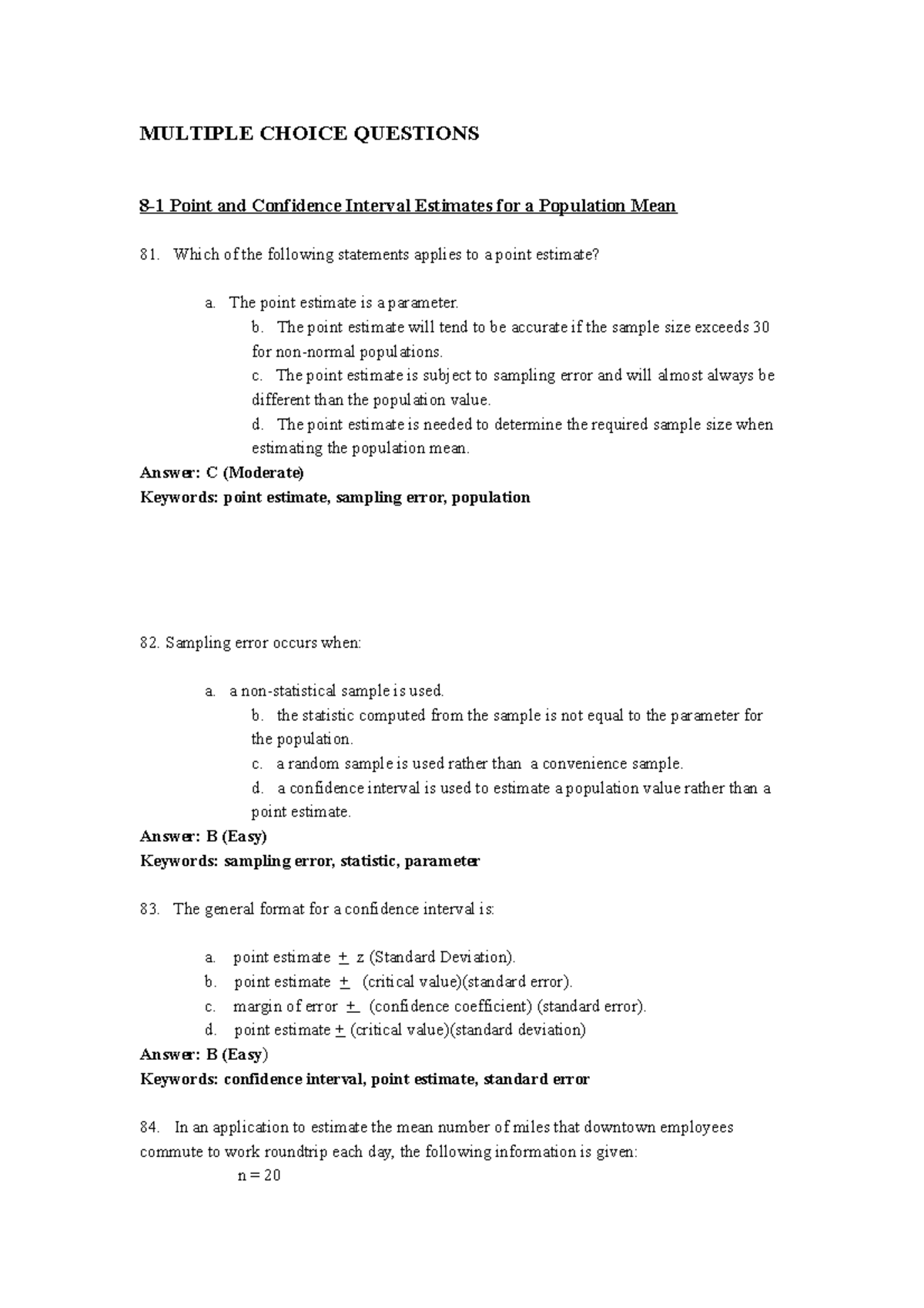 Stats Test bank - MULTIPLE CHOICE QUESTIONS 8-1 Point and Confidence ...
