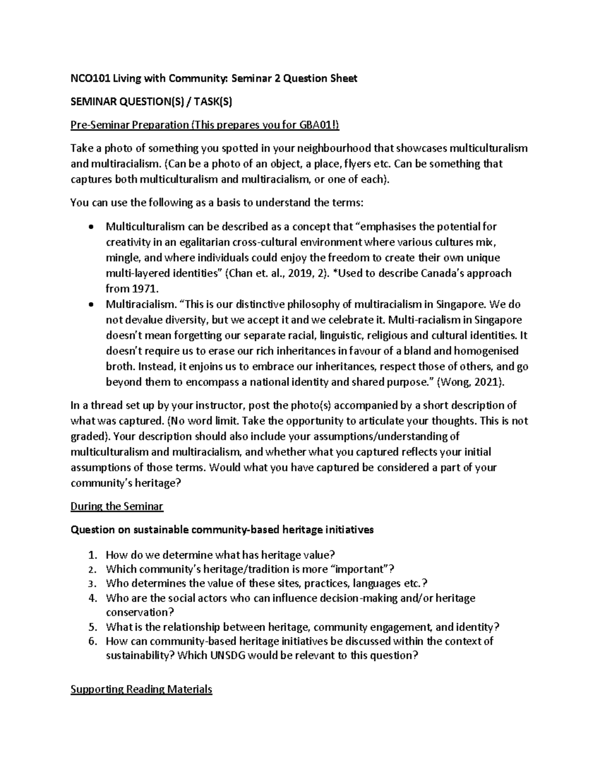 NCO101 Seminar 2 Question Sheet - NCO101 Living with Community: Seminar ...