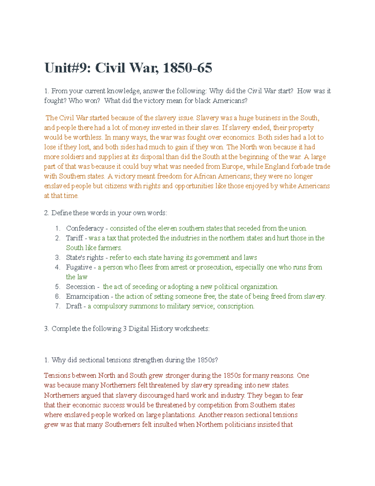 Unit#9 Civil War, 1850-65 - Unit#9: Civil War, 1850- From your current ...