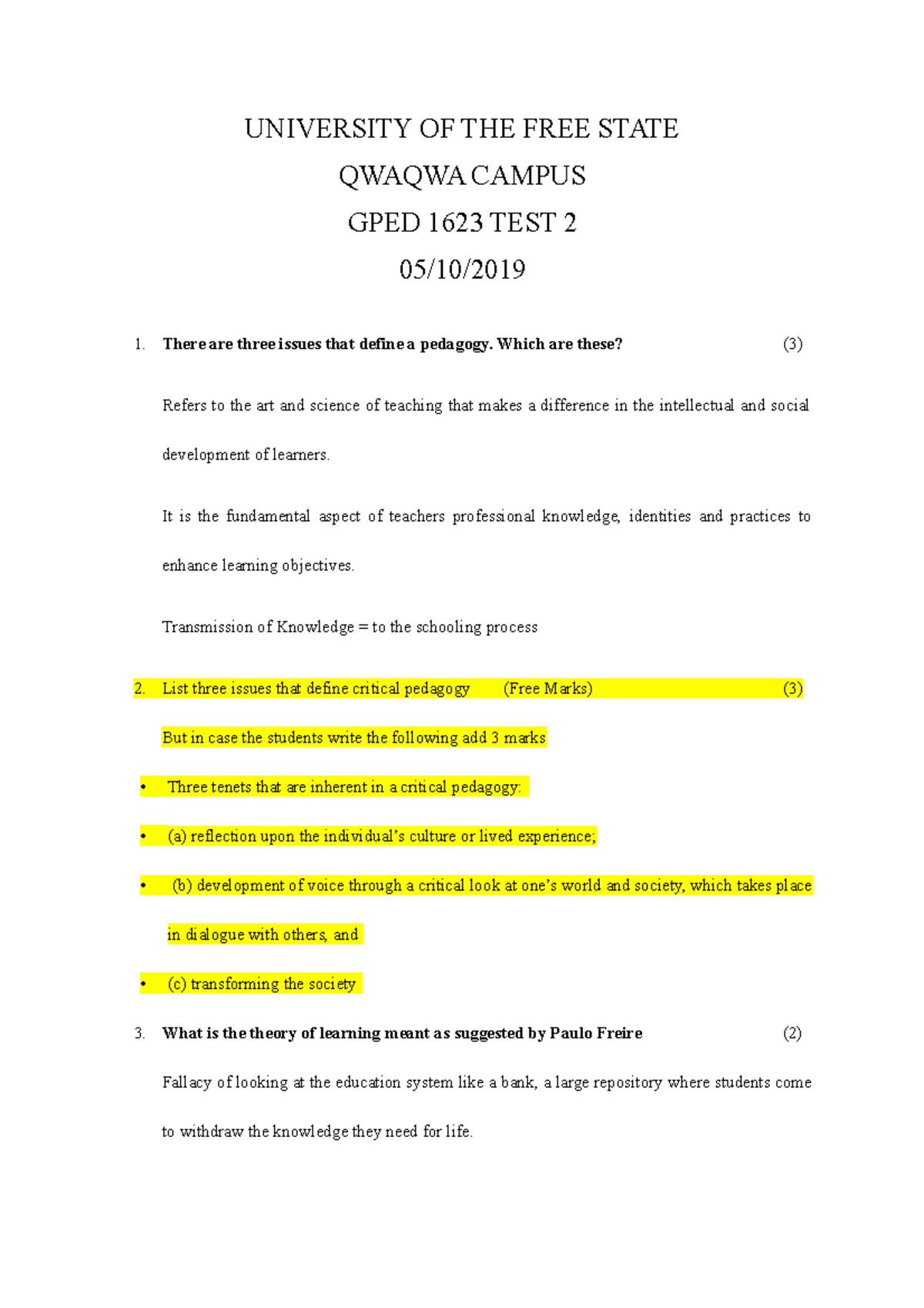 TEST 2019, questions and answers - UNIVERSITY OF THE FREE STATE QWAQWA ...