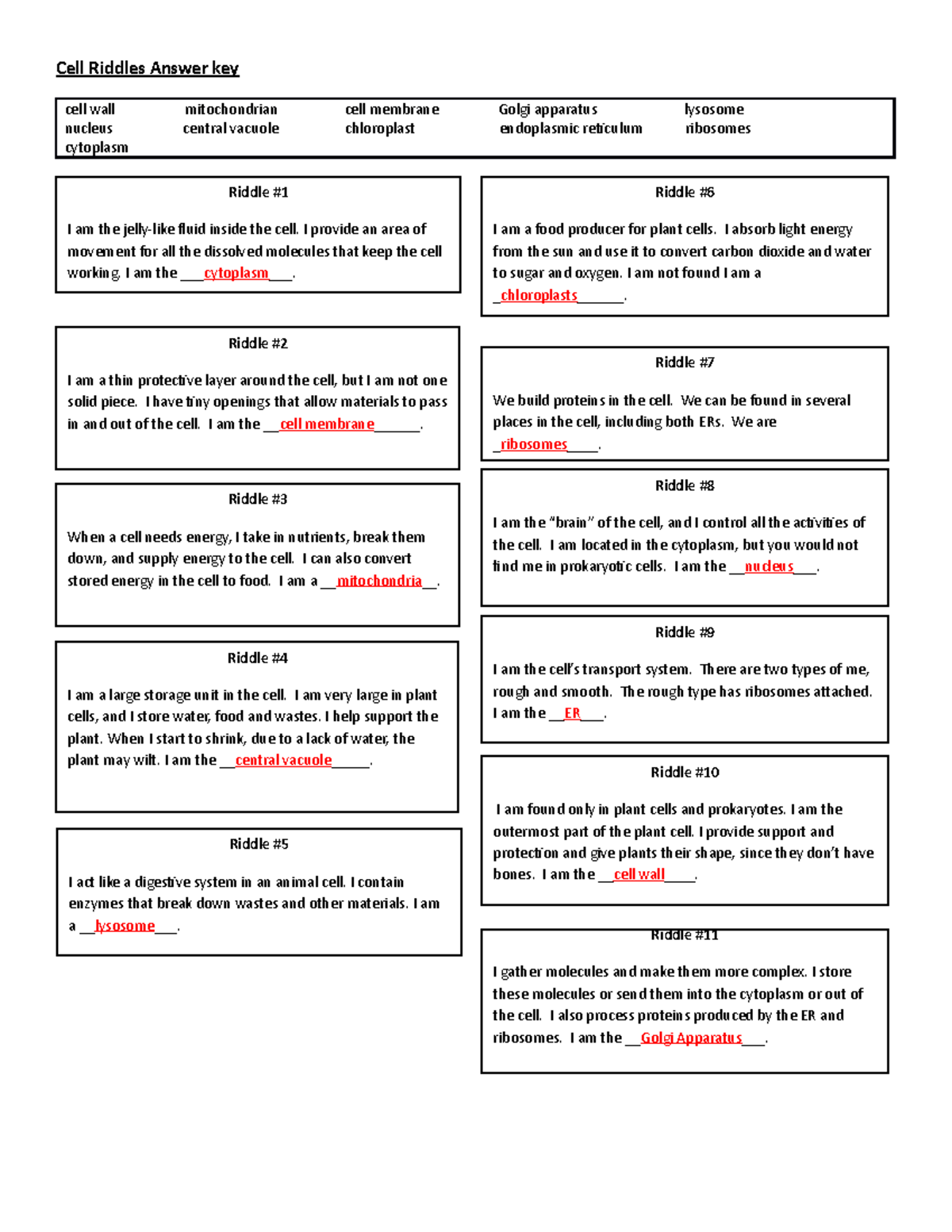 Cell Riddles Answer key - I absorb light energy from the sun and use it ...