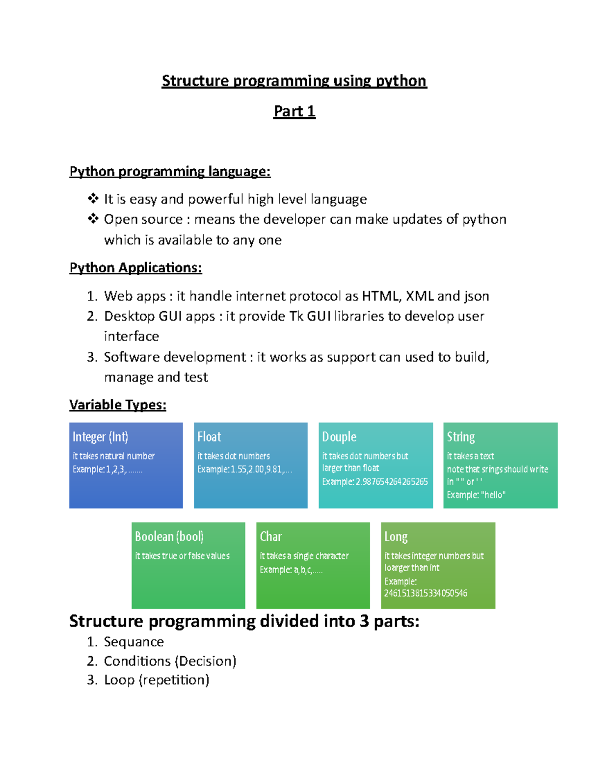 Part 1 - python - Structure programming using python Part 1 Python programming language: It is ...