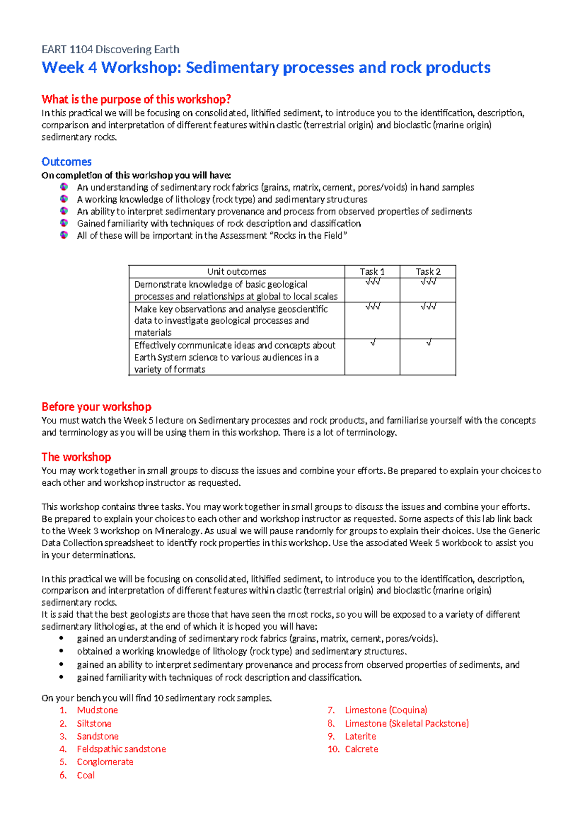 Workshop Week 4 Sedimentary 2024 - EART 1104 Discovering Earth Week 4 ...