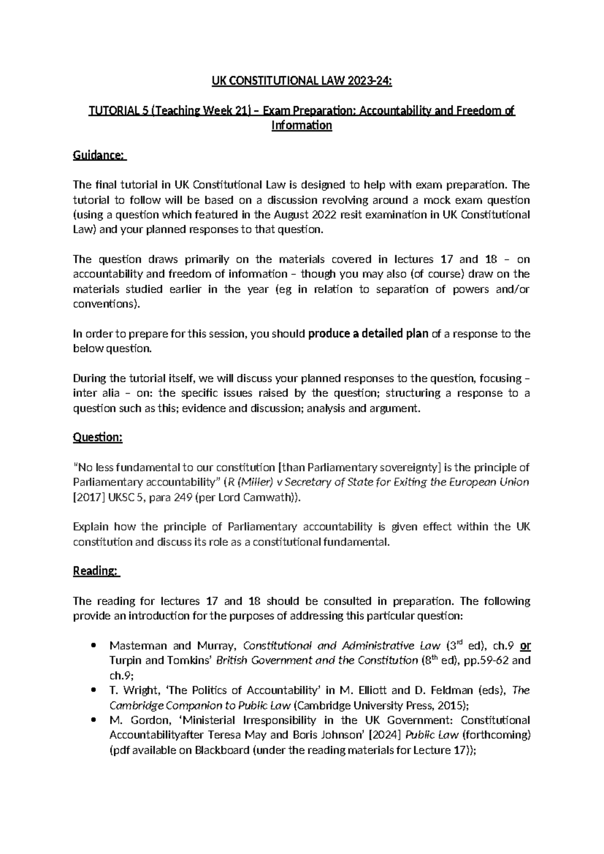 Tutorial 5 - UK CONSTITUTIONAL LAW 2023-24: TUTORIAL 5 (Teaching Week ...