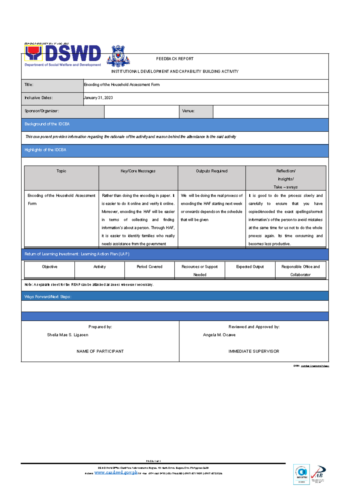 Feedback Report for LDI or training - DSWD-GF-010 | REV 01 | 17 AUG ...