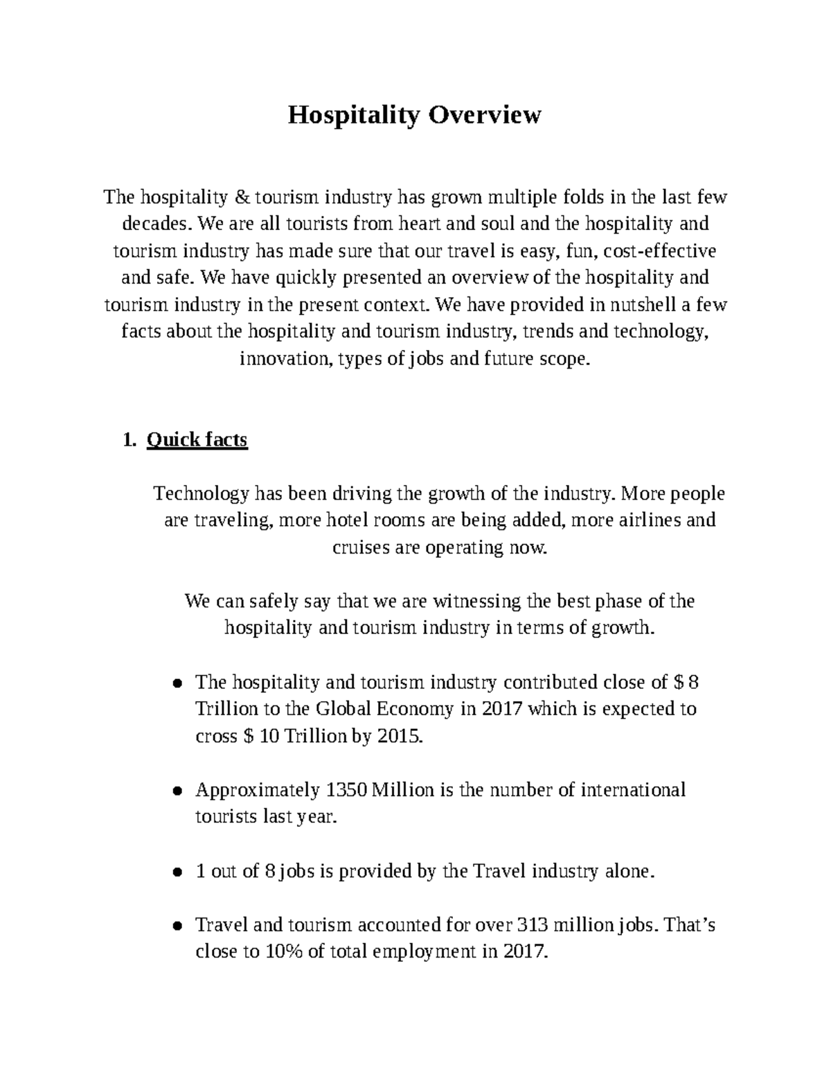 Hospitality overview - Hospitality Overview The hospitality & tourism ...
