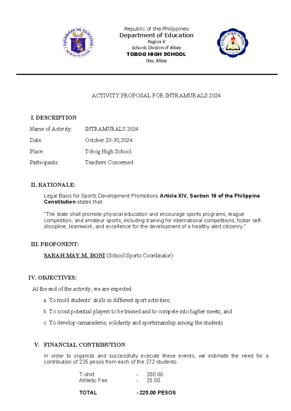 Proposal FOR Intramurals 2023 - Republic of the Philippines Department ...