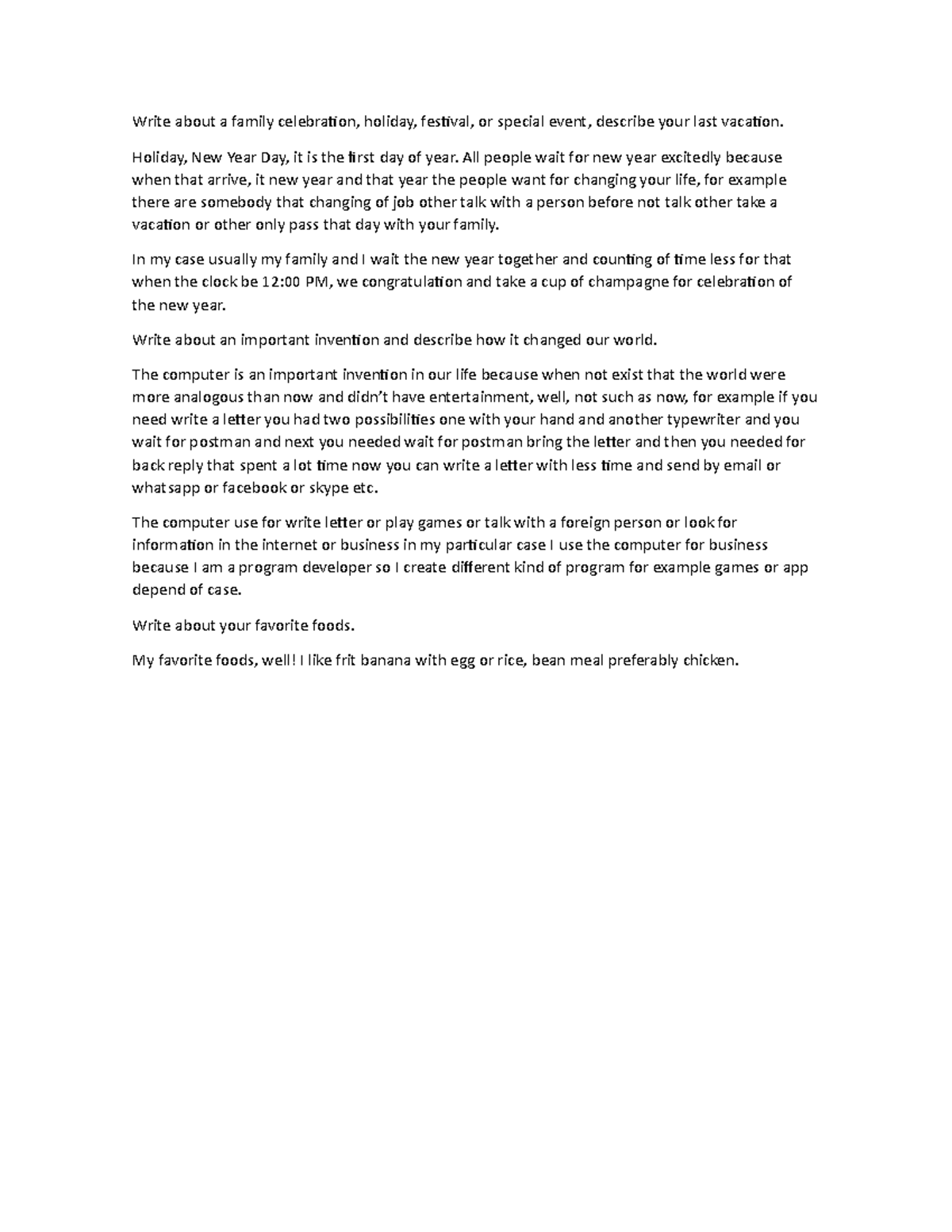 Composition - Write about a family celebration, holiday, festival, or ...