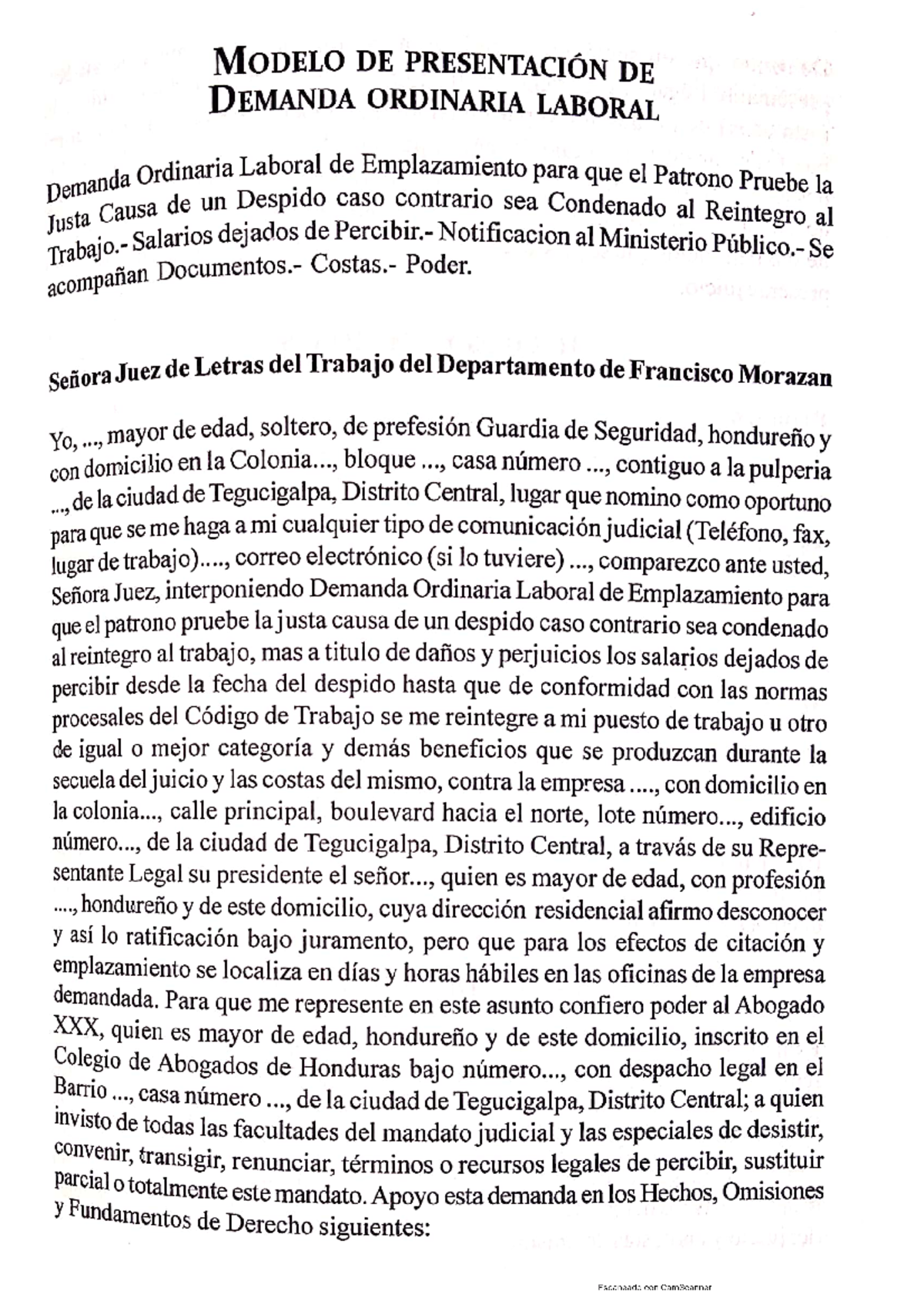 Modelo DE Presentacion DE Demanda Laboral - Derecho Laboral I - Studocu