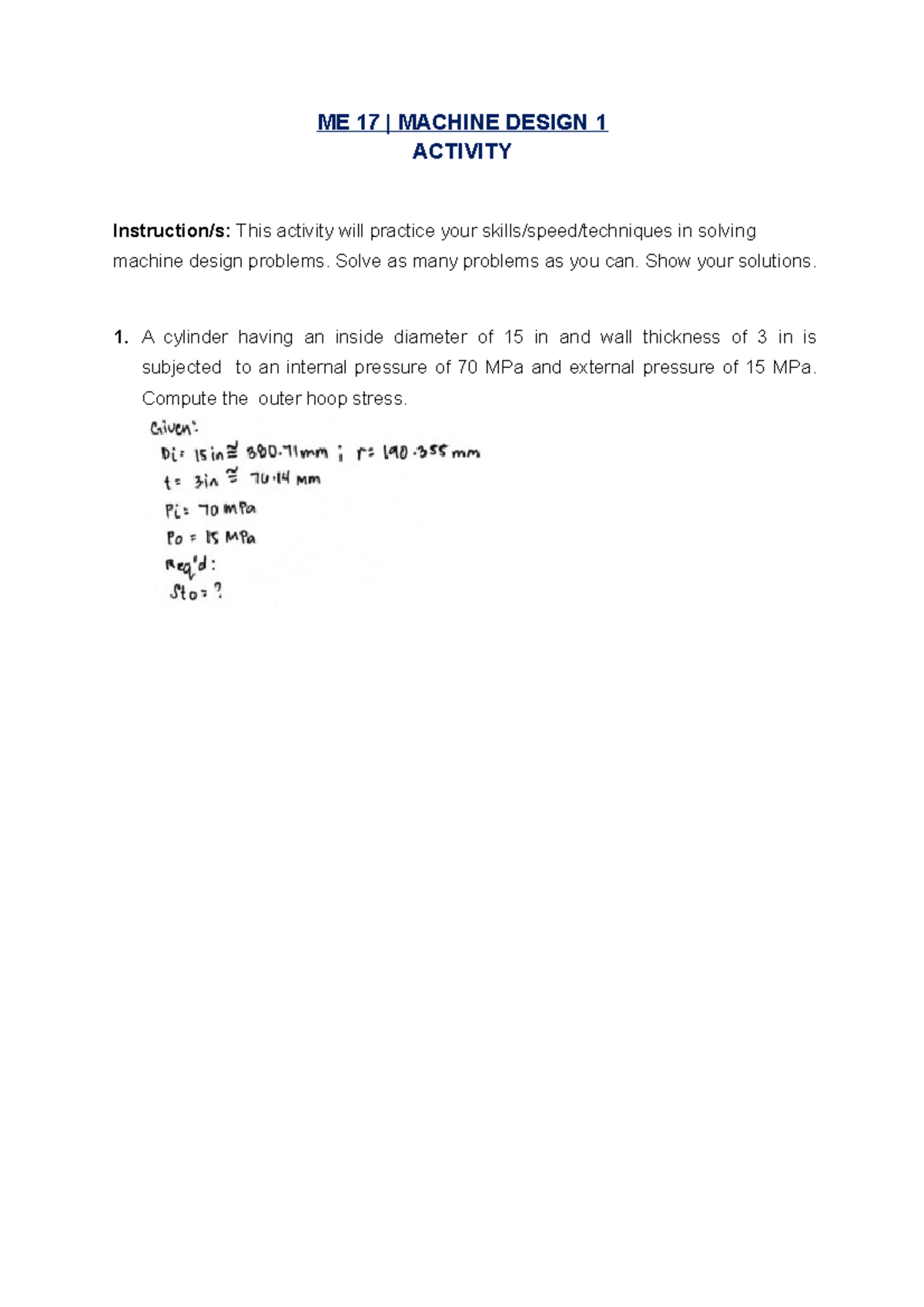 Assign 46 - Machine Design 1 Problem Solving (1-9) - ME 17 | MACHINE ...