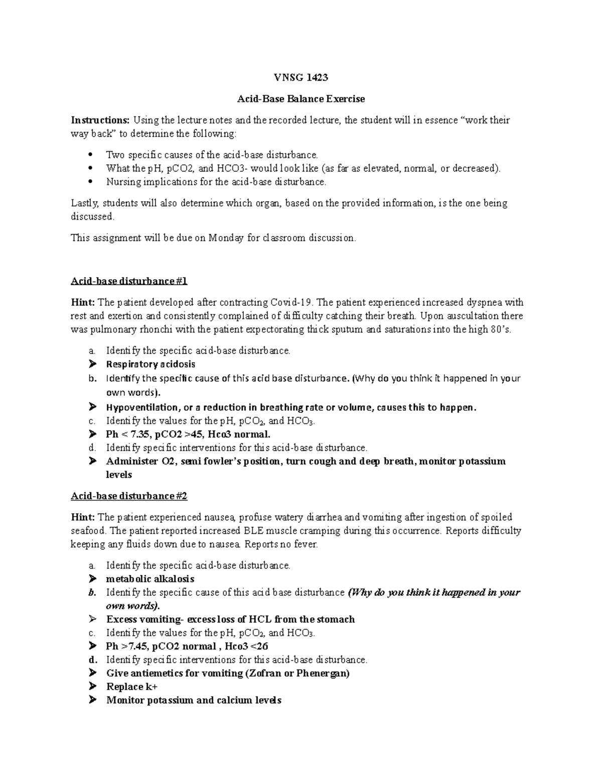 VNSG 1423-ACID BASE Exercise - VNSG 1423 Acid-Base Balance Exercise ...