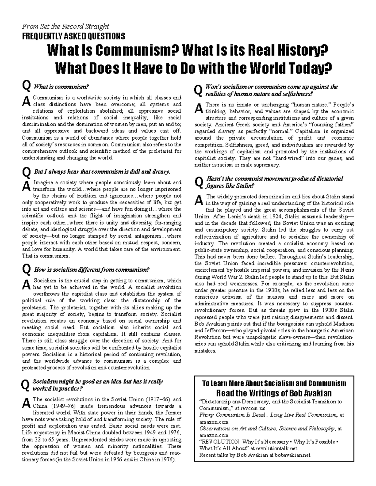 What is Communism - From Set the Record Straight FREQUENTLY ASKED ...