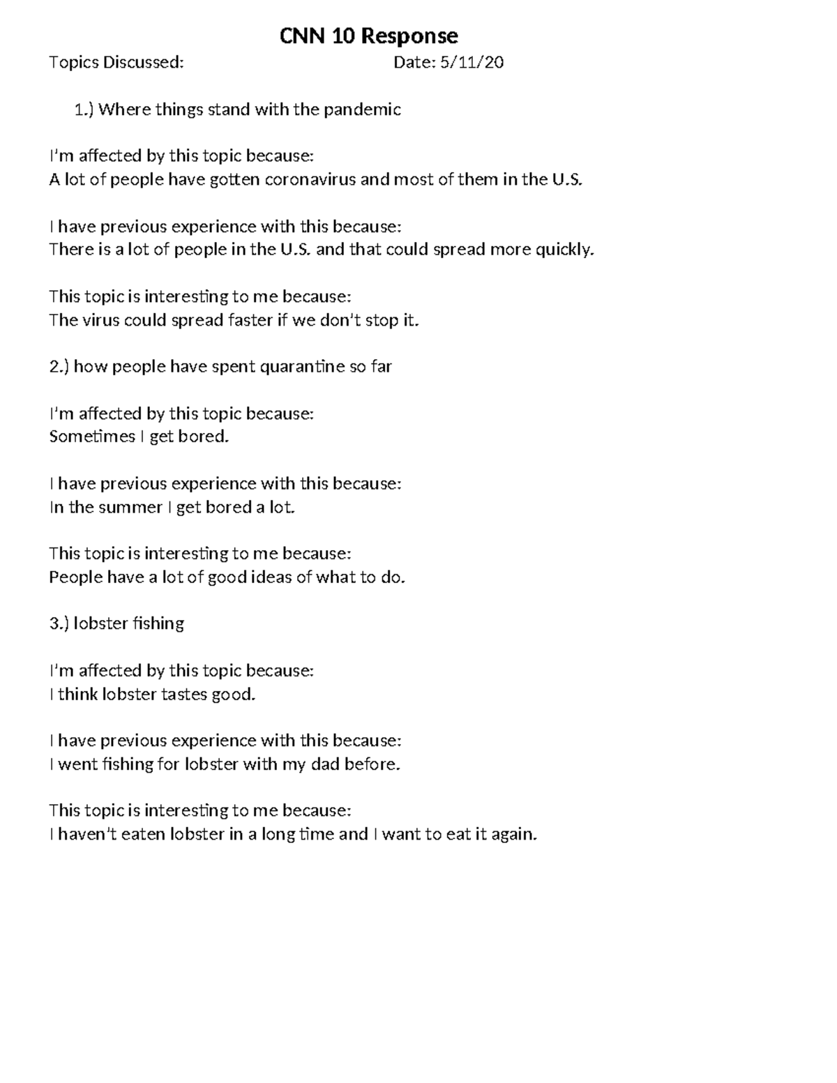 CNN 10 Response 5 copy - CNN 10 Response Topics Discussed: Date: 5/11 ...