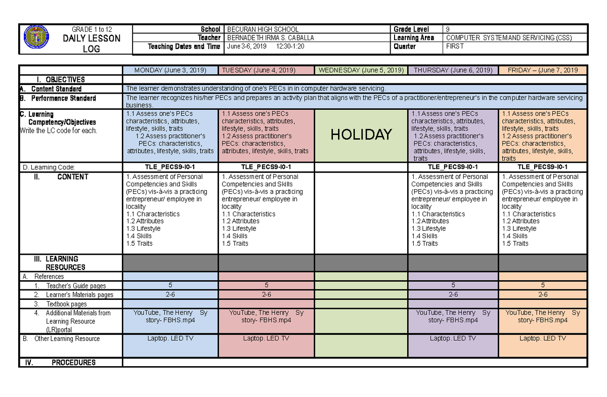 Dll Ict 9 1st Quarter Week 1 Pdf Free GRADE 1 To 12 DAILY LESSON LOG 