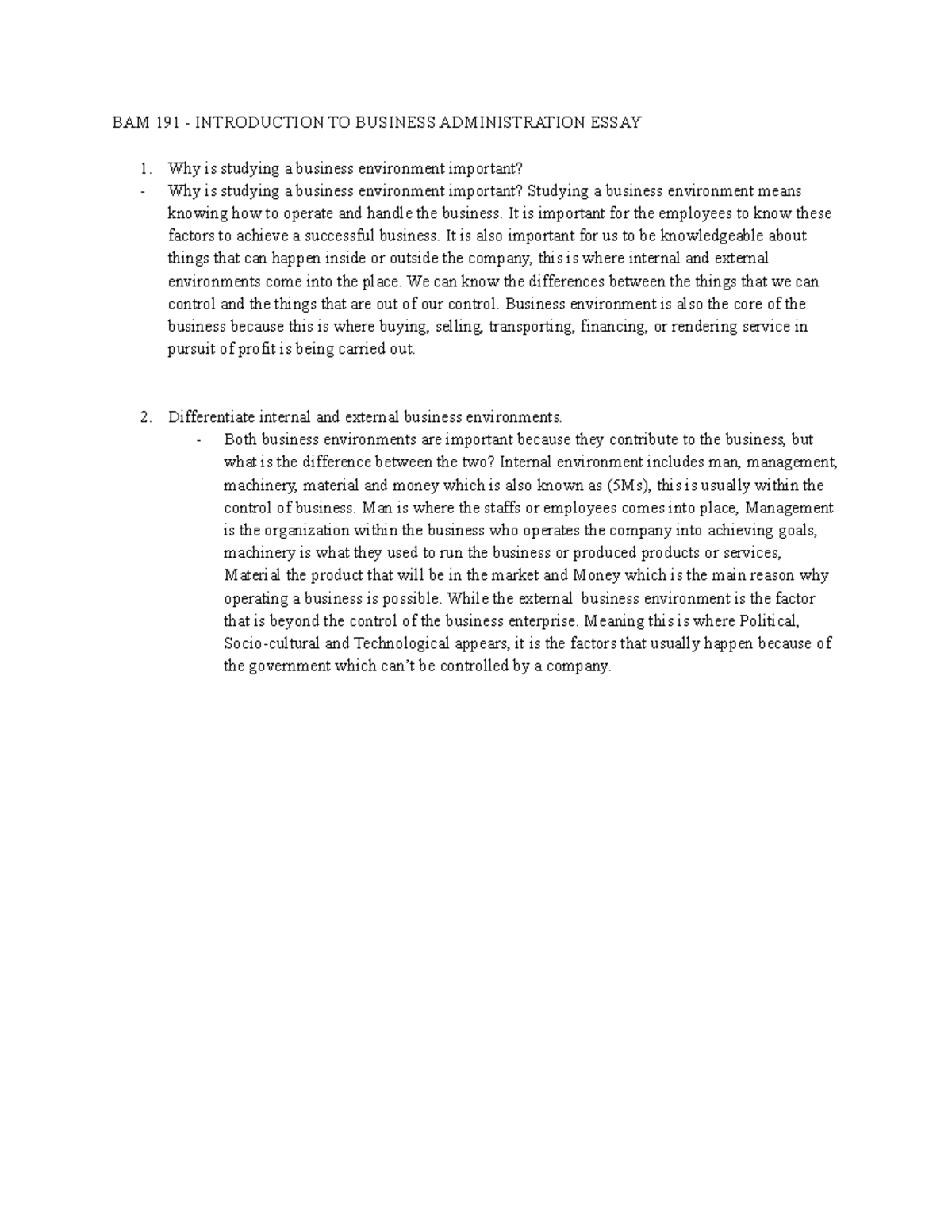 BAM 191 - Introduction TO Business Administration Essay - BAM 191 ...