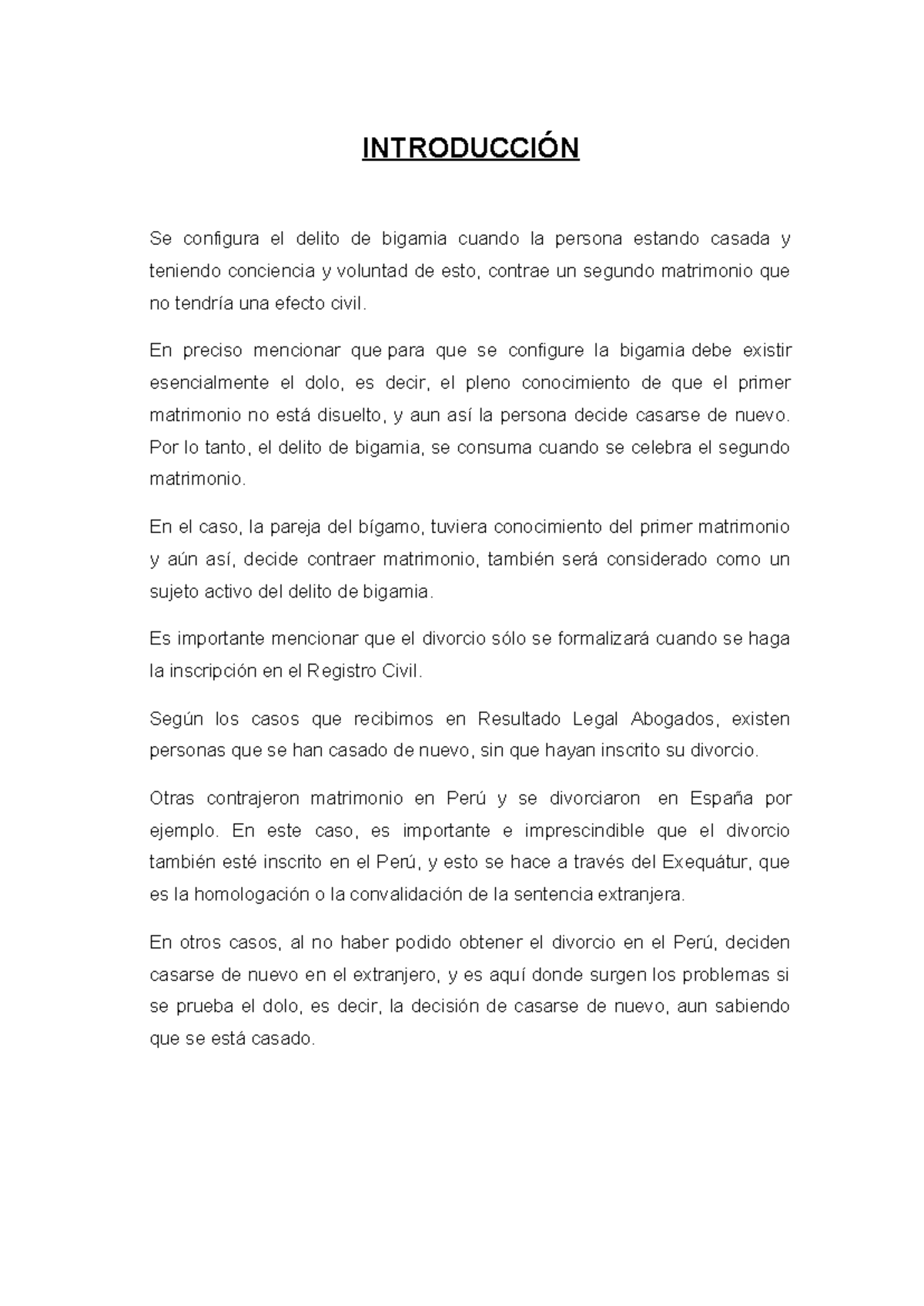 Bigamia Codigo Penal - La - INTRODUCCIÓN Se configura el delito de ...