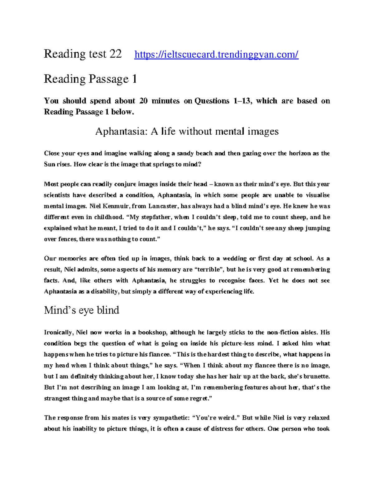 Ielts Reading Passages 1 2 3 Aphantasia - Reading test 22 ieltscuecard ...