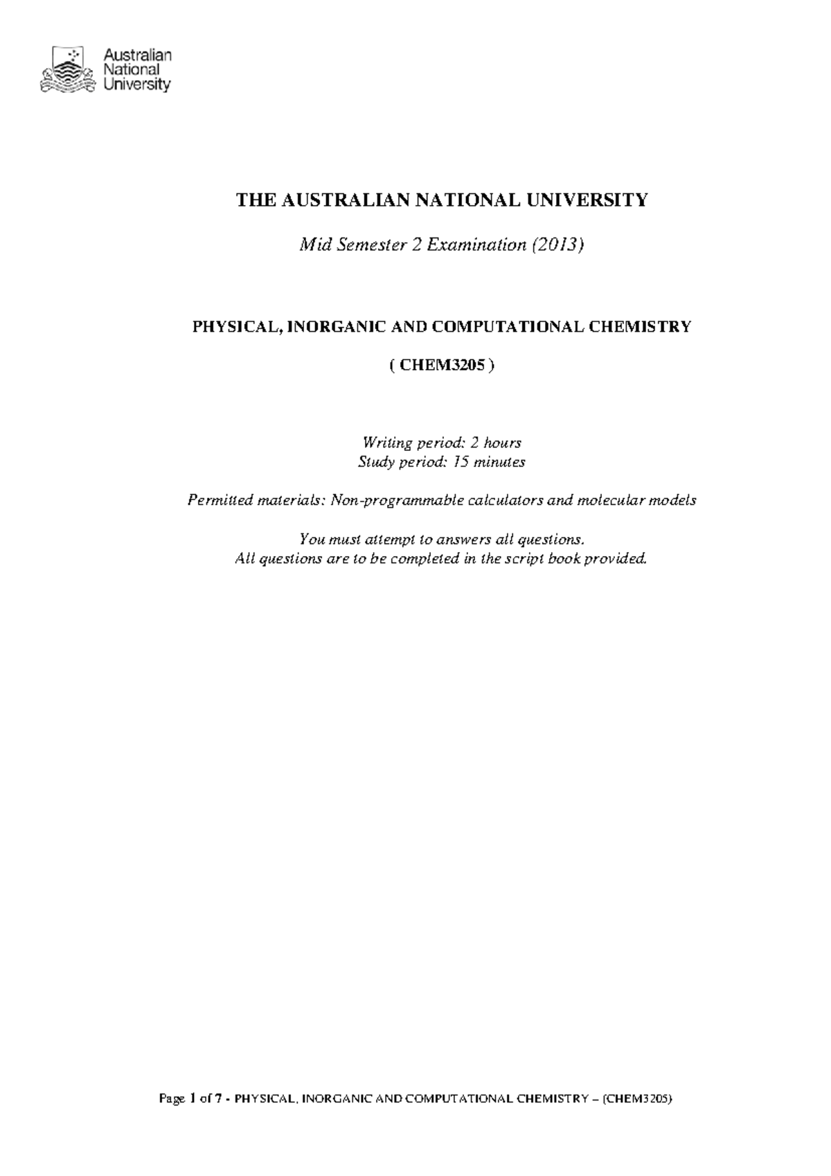 Exam 15 November 2013, questions - THE AUSTRALIAN NATIONAL UNIVERSITY ...