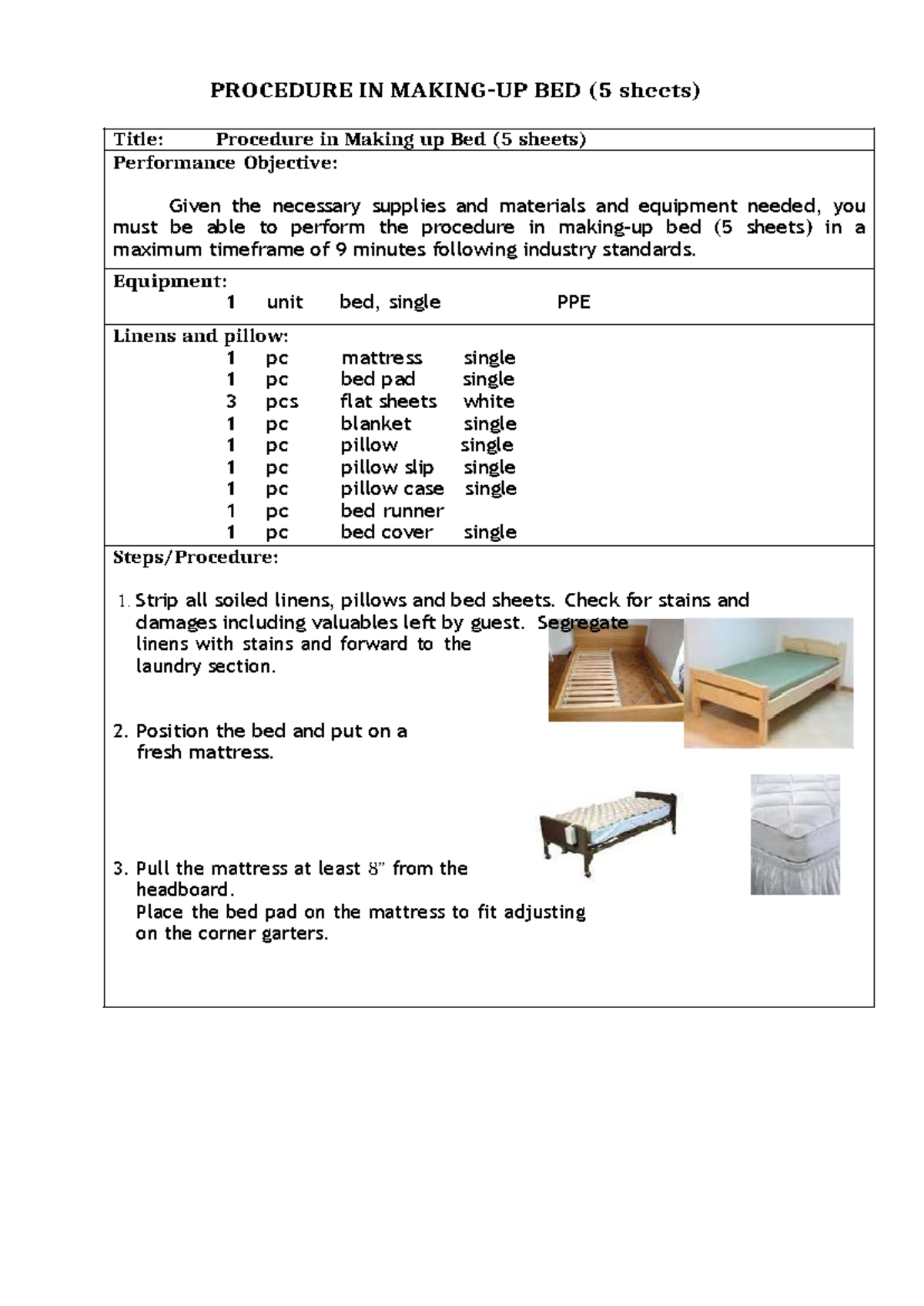 BED Making Activity - PROCEDURE IN MAKING–UP BED (5 sheets) Title ...