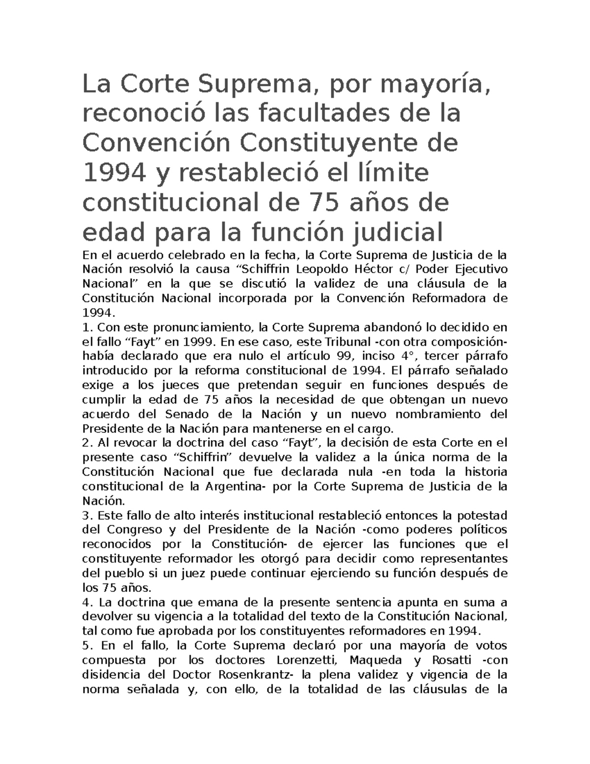 Caso Schiffrin - XCVGFHSDFG - La Corte Suprema, por mayoría, reconoció ...