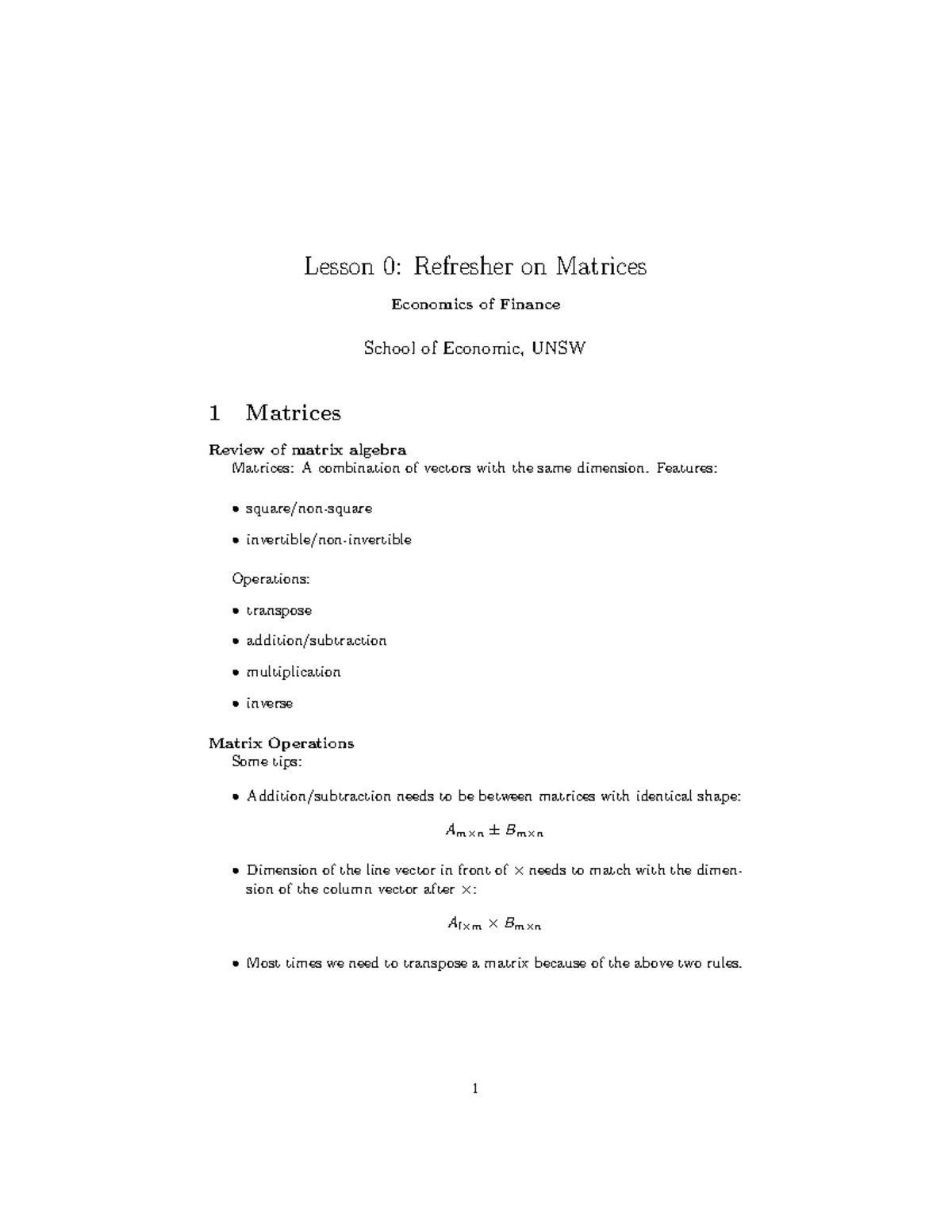 L0 Matrices Quick Summary Notes - Lesson 0: Refresher on Matrices ...