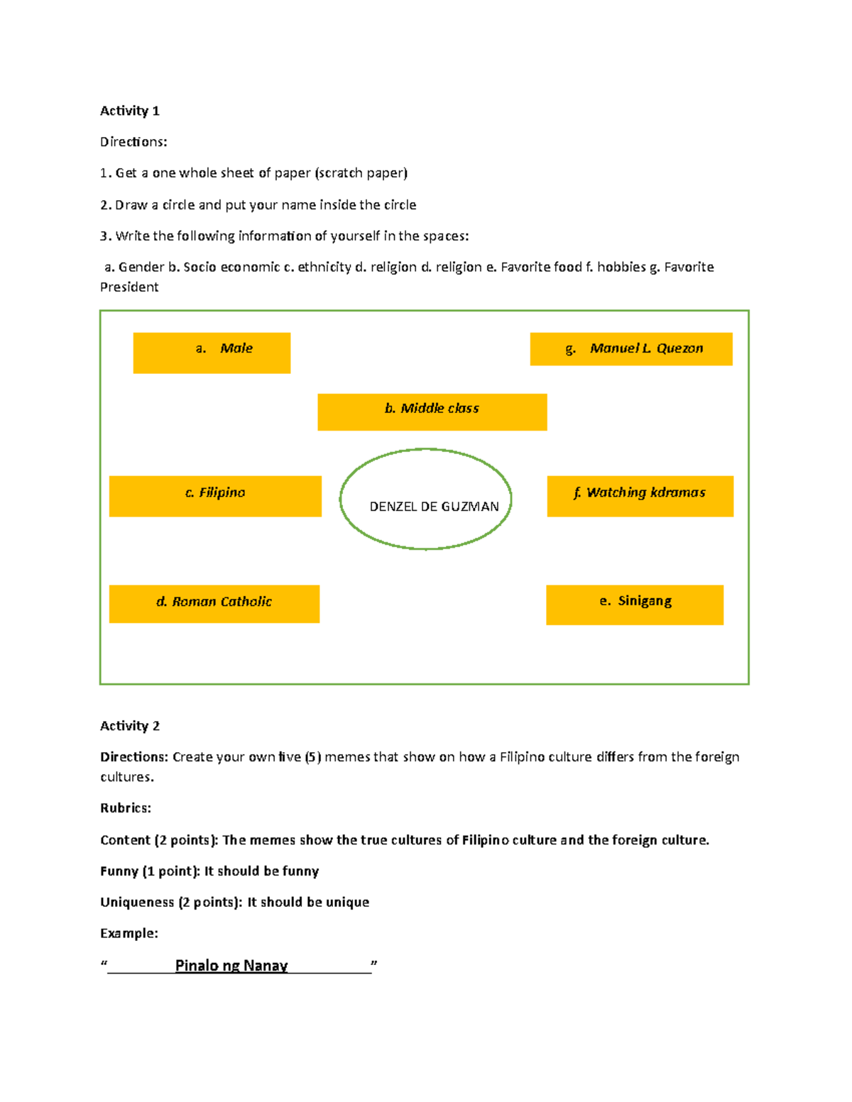 UCSP- Activity no.1 - Activity 1 Directions: Get a one whole sheet of ...