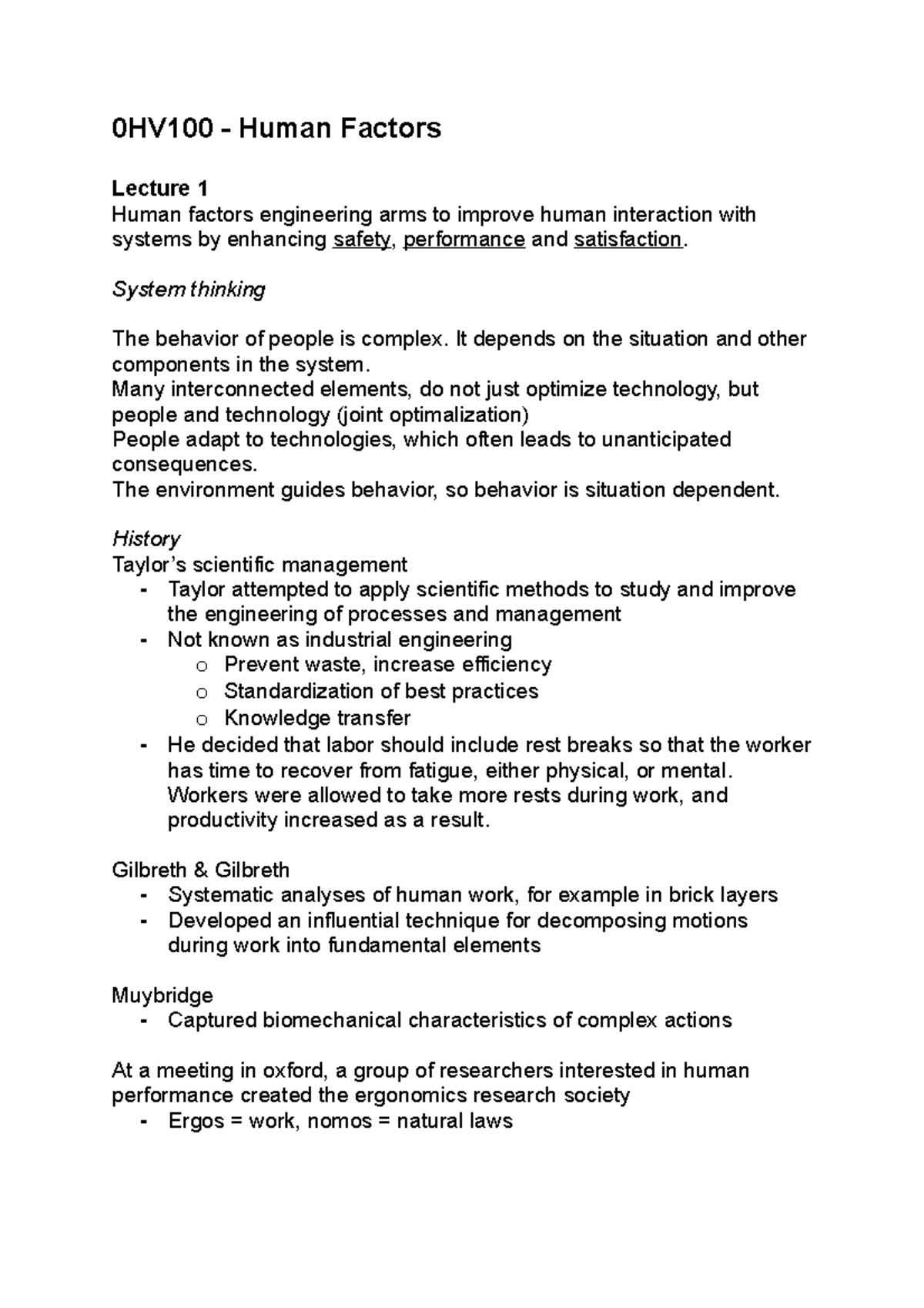 0HV100 human factors samenvatting - 0HV100 - Human Factors Lecture 1 ...
