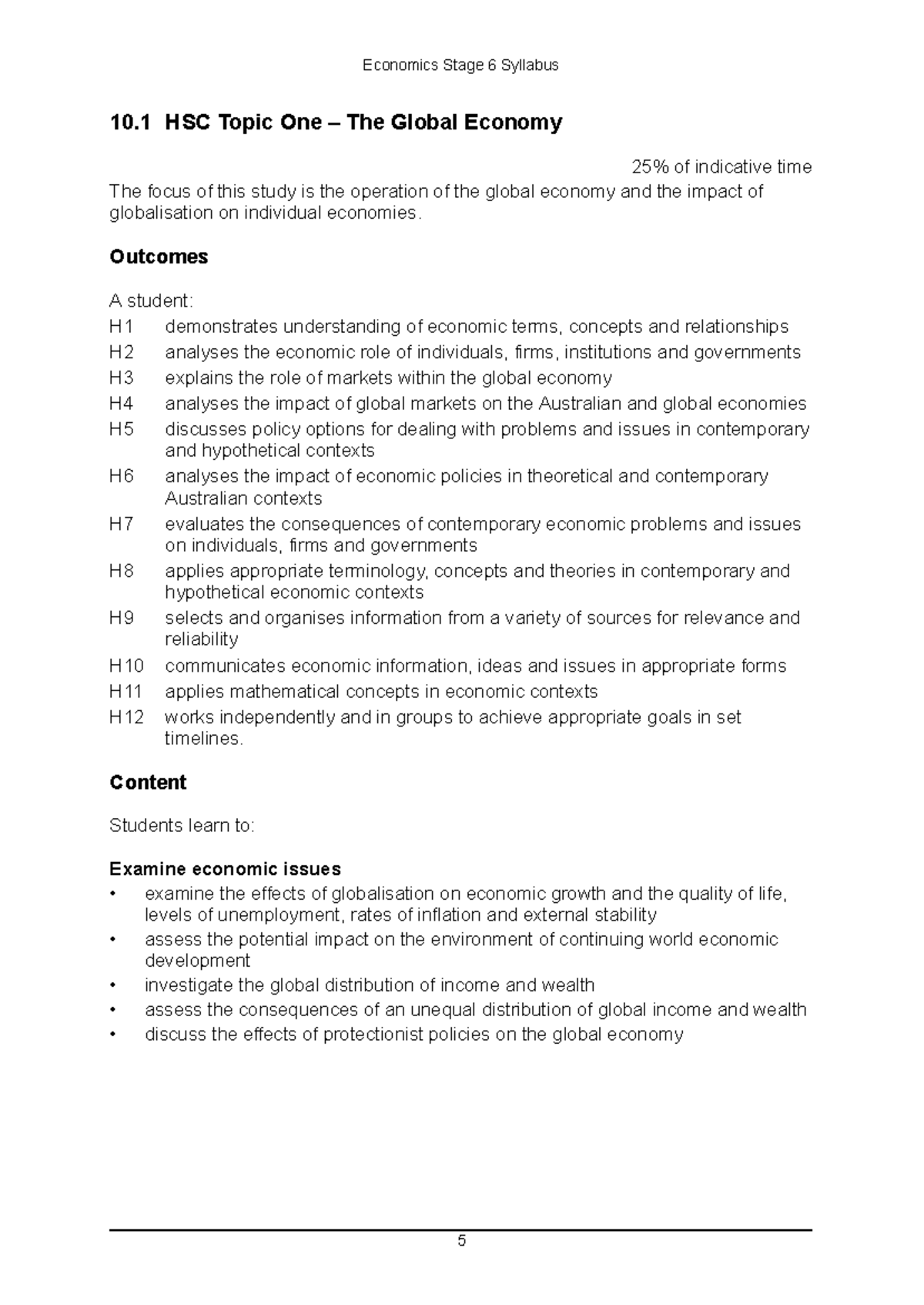 Economics scope and sequence - 10 HSC Topic One – The Global Economy 25 ...
