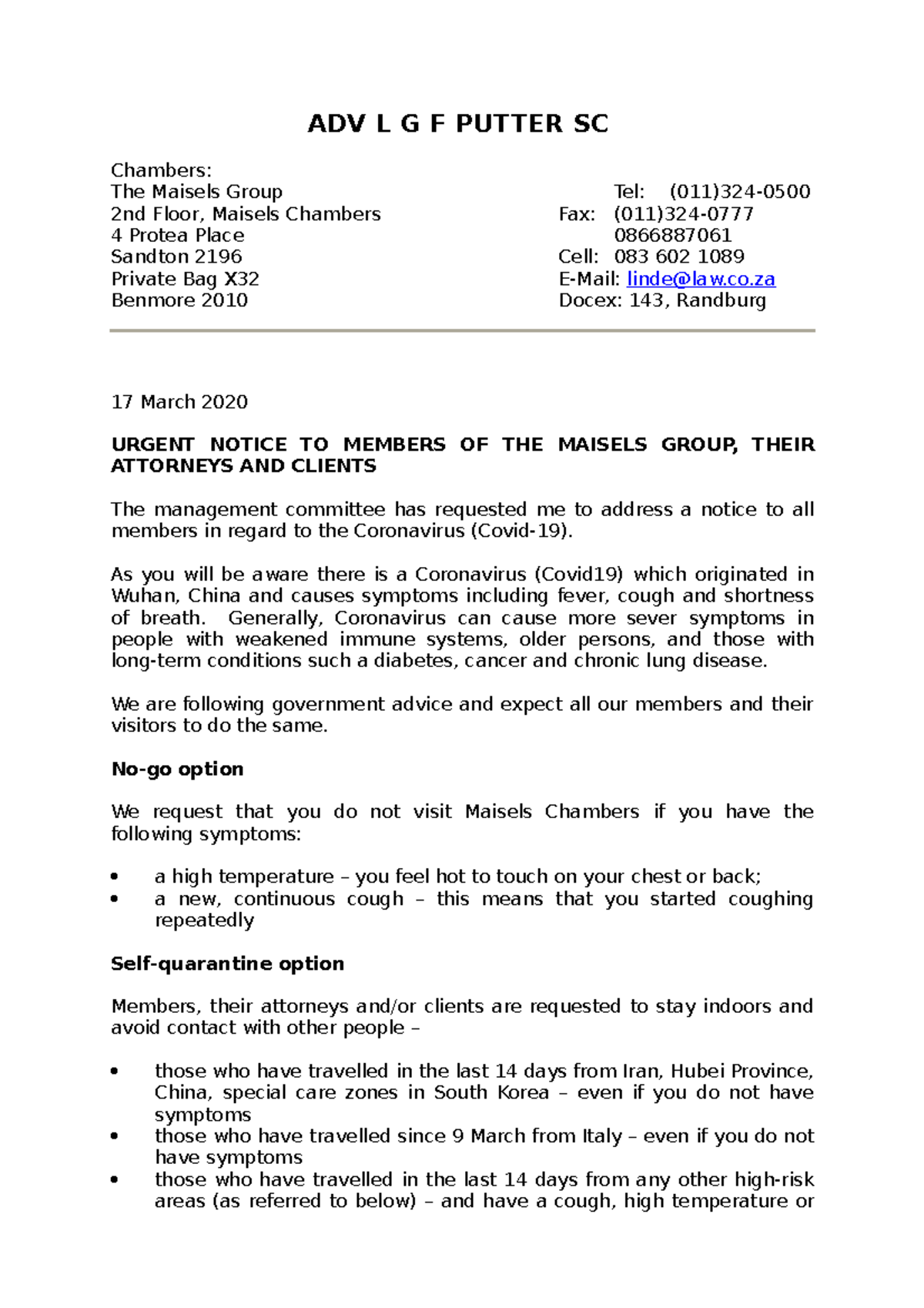 Group notice for the law of estates and will - ADV L G F PUTTER SC ...