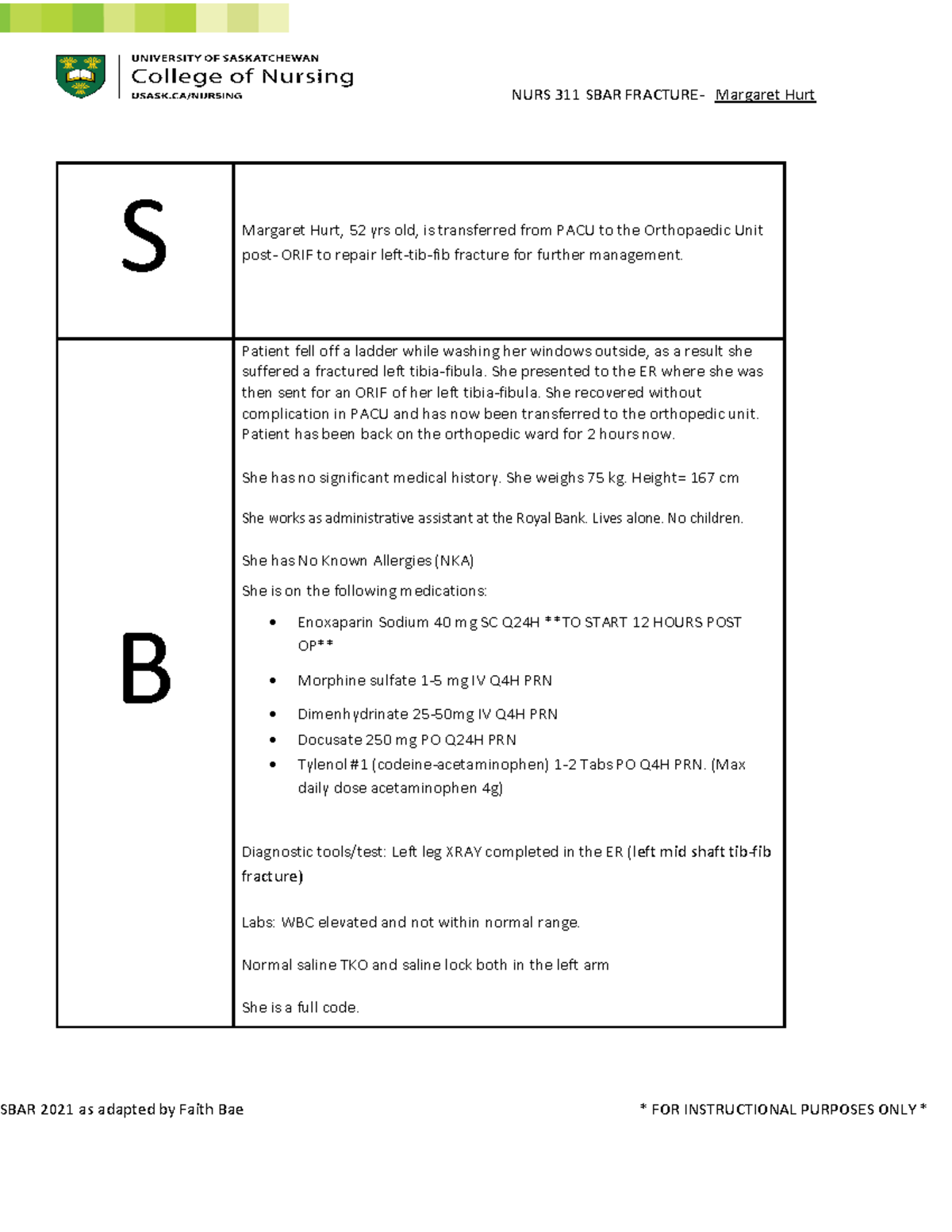 Fractures SBAR 2021 - simulation lab - NURS 311 SBAR FRACTURE- Margaret ...
