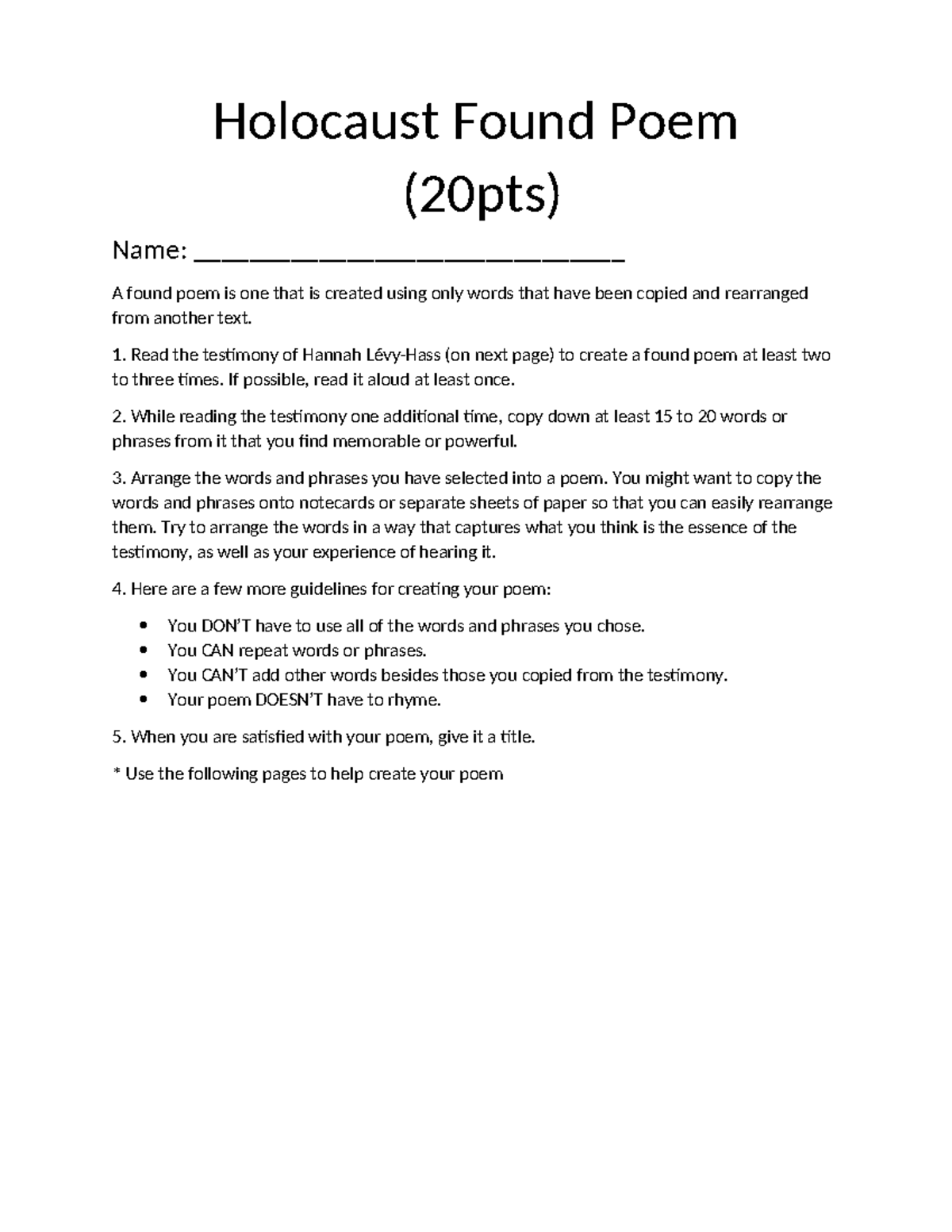 07 Unit 4 Holocaust Found Poem - Holocaust Found Poem (20pts) Name