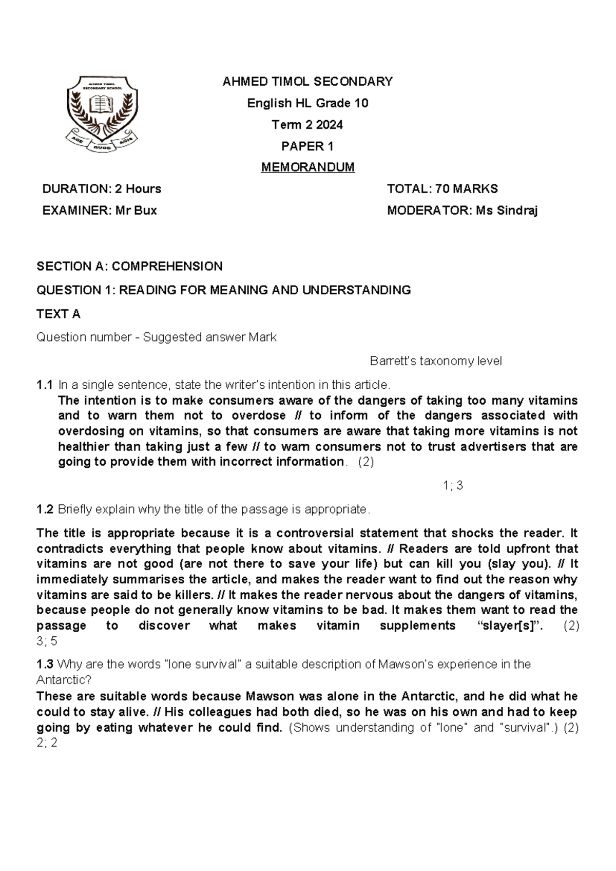 MEMO Paper 1 ATS - Exam memo - AHMED TIMOL SECONDARY English HL Grade ...