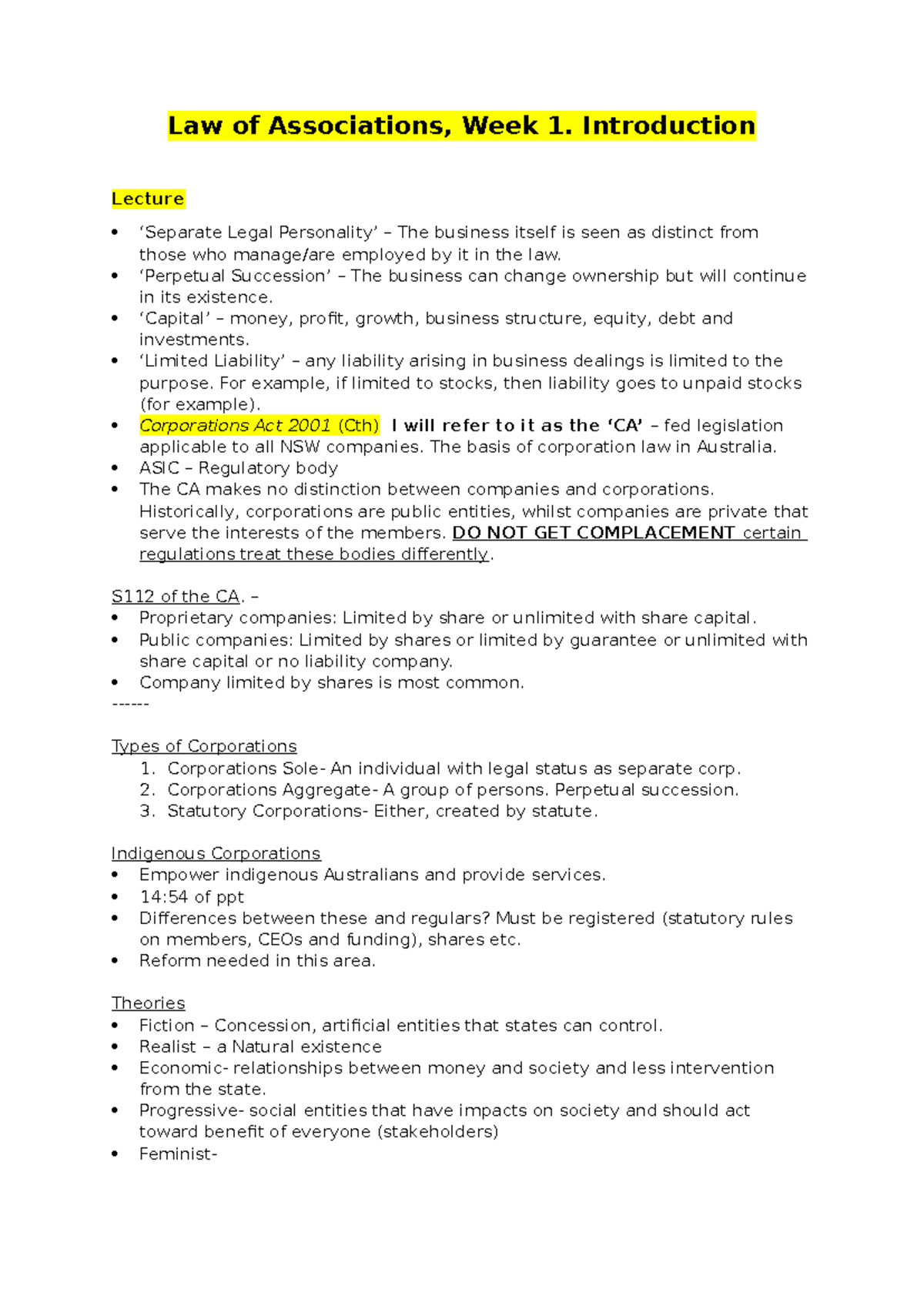 LOA^J Week 1 - Week 1 - Law of Associations, Week 1. Introduction Lecture ‘Separate Legal - Studocu